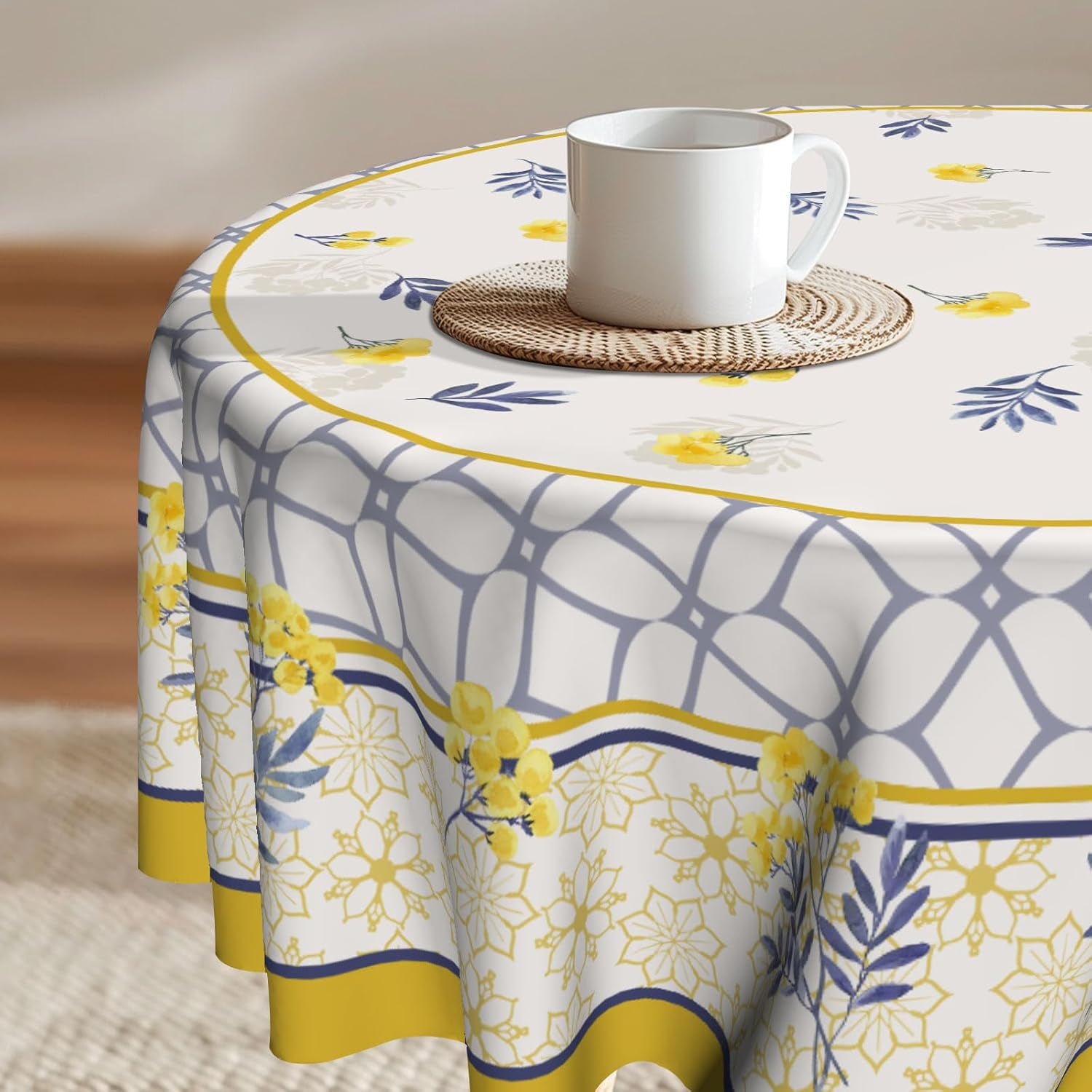 Blue Yellow Tablecloth for Round Table，Watercolor Yellow Flowers Blue ...