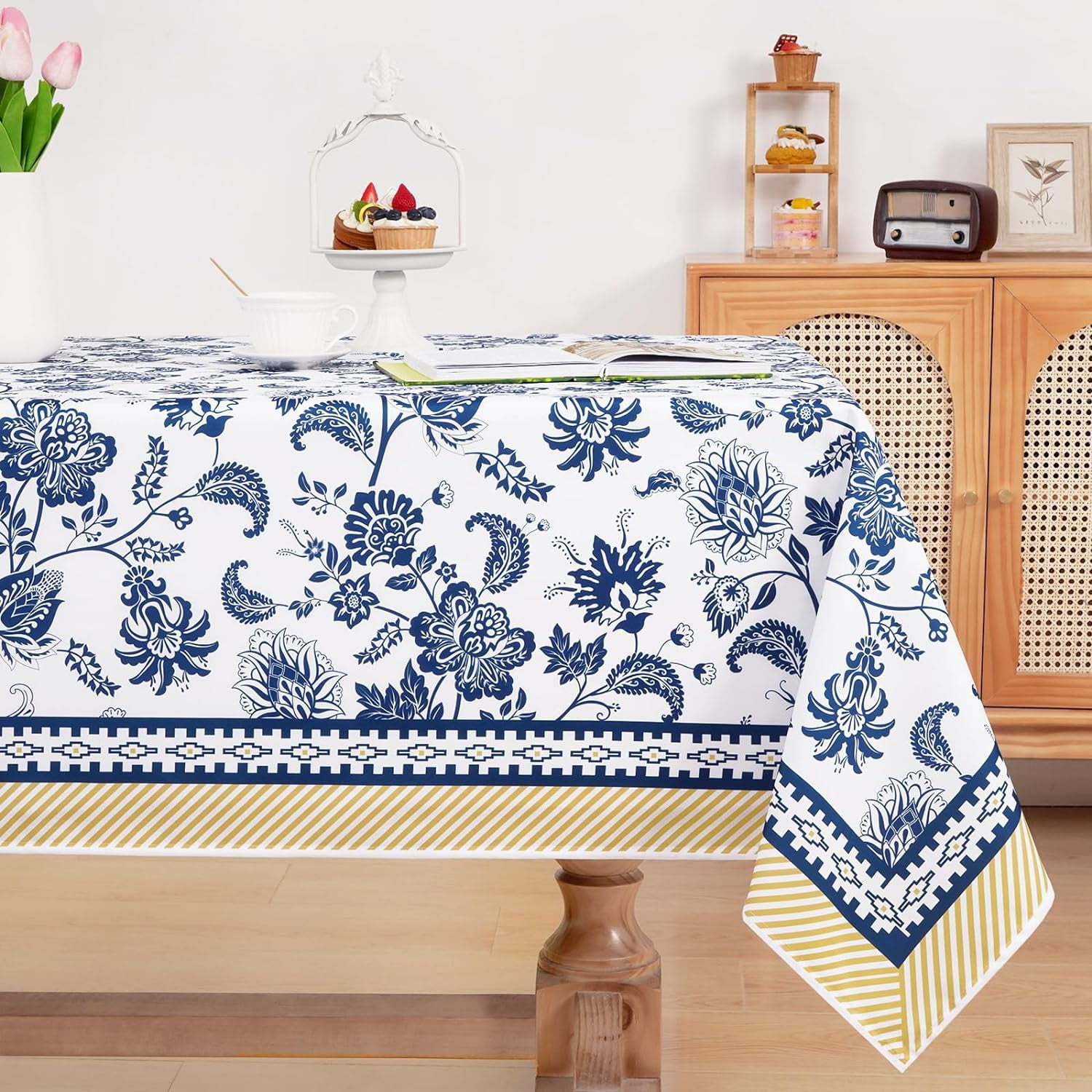 Blue and Yellow Tablecloth, Vintage Blue Floral Table Cloth, Rustic ...