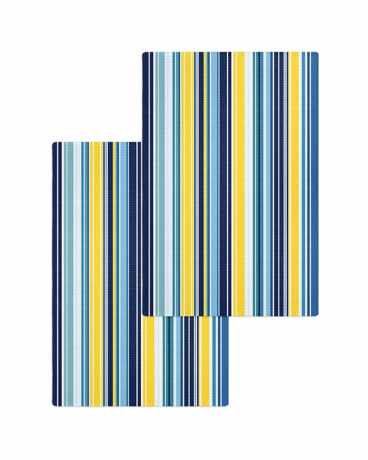 Blue Yellow Teal Stripes Kitchen Dish Towels for Drying Dishes Set of 2, Boho Colorful Ombre ...