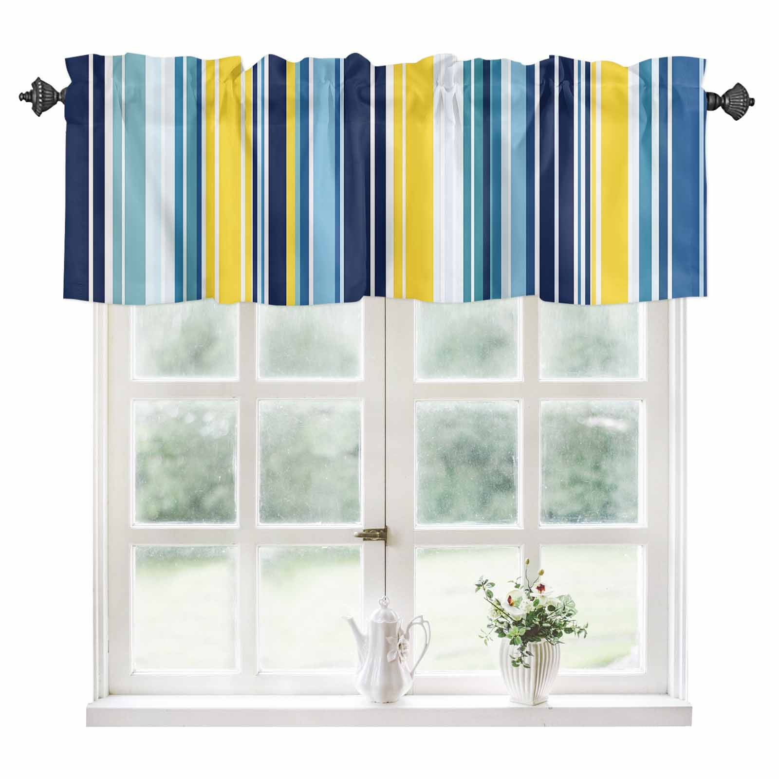 Blue Yellow Teal Stripes Kitchen Valances for Windows 42x12 Inch ...