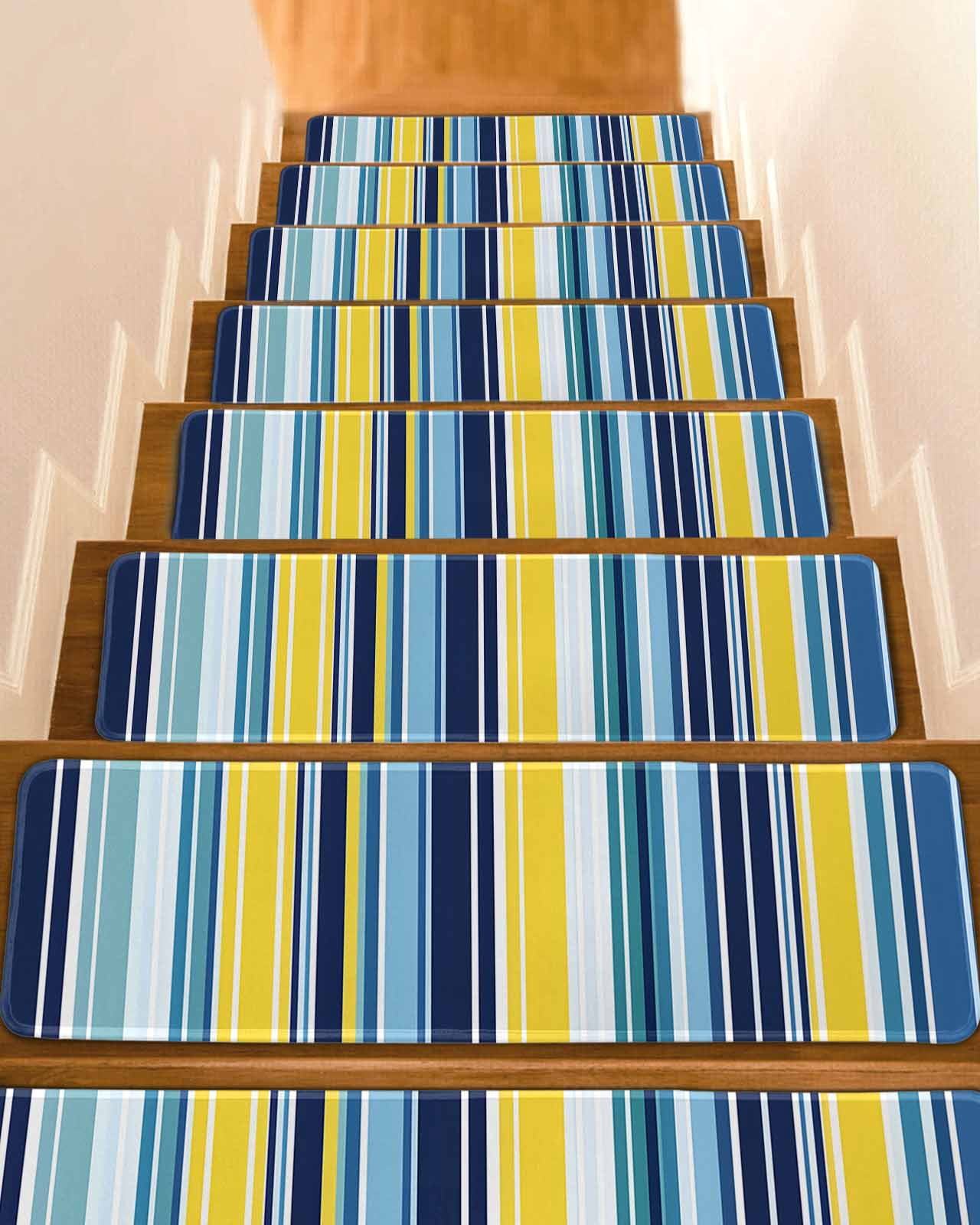 Blue Yellow Teal Stripes Stair Treads for Wooden Steps Indoor Runner ...