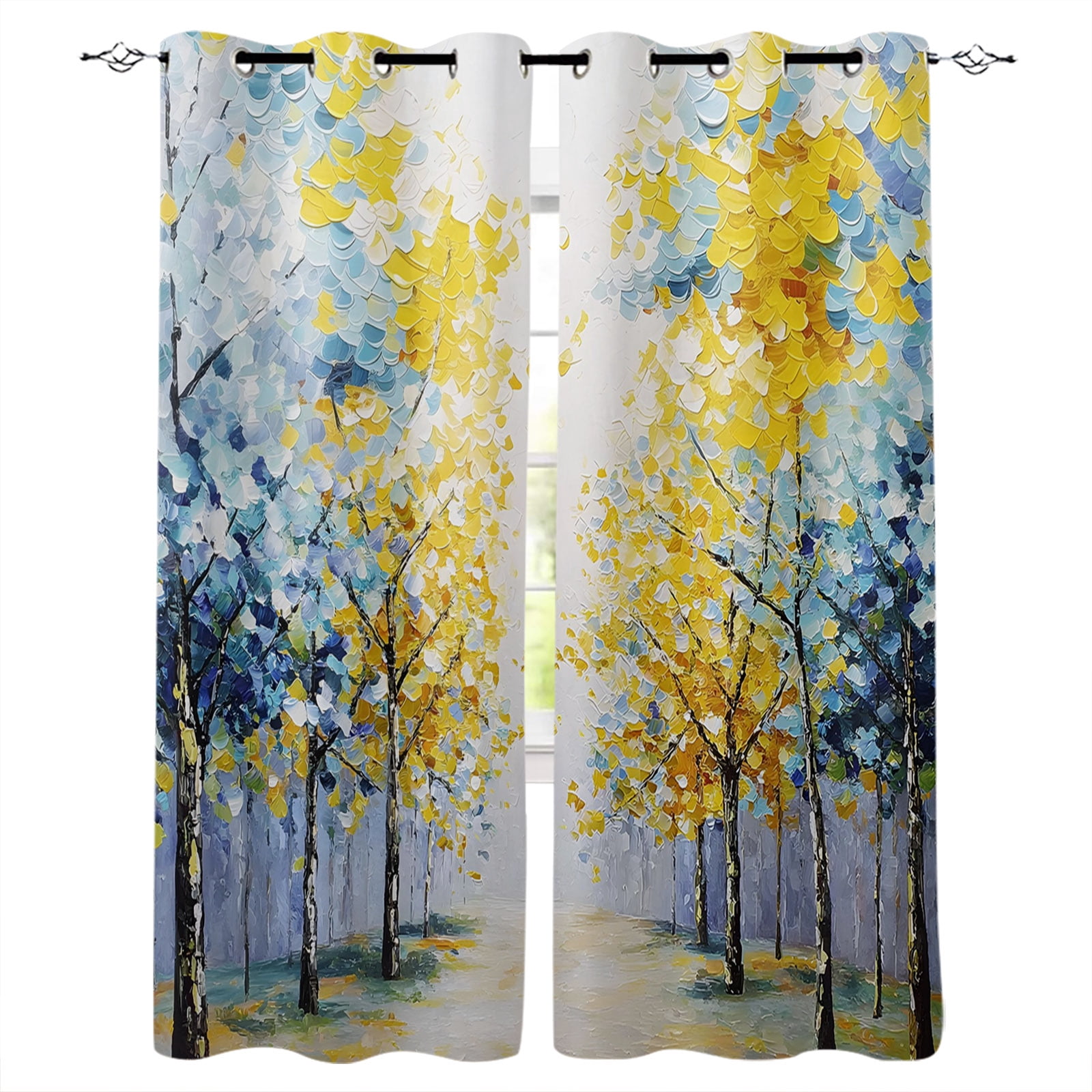 Blue Yellow Tree Blackout Curtains for Bedroom Living Room Darkening ...