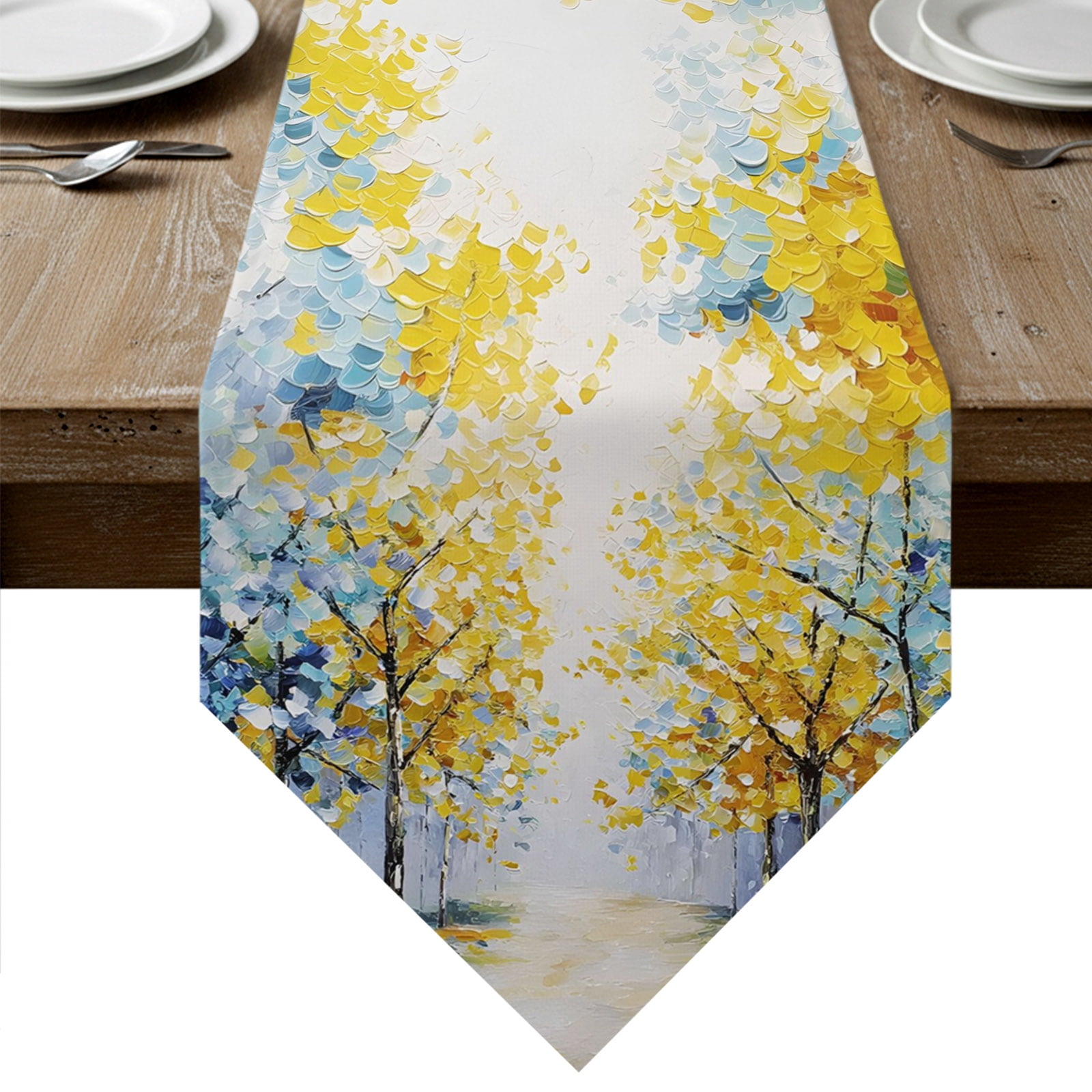 Blue Yellow Tree Table Runner Linen Burlap Table Runner 36 Inches Small ...