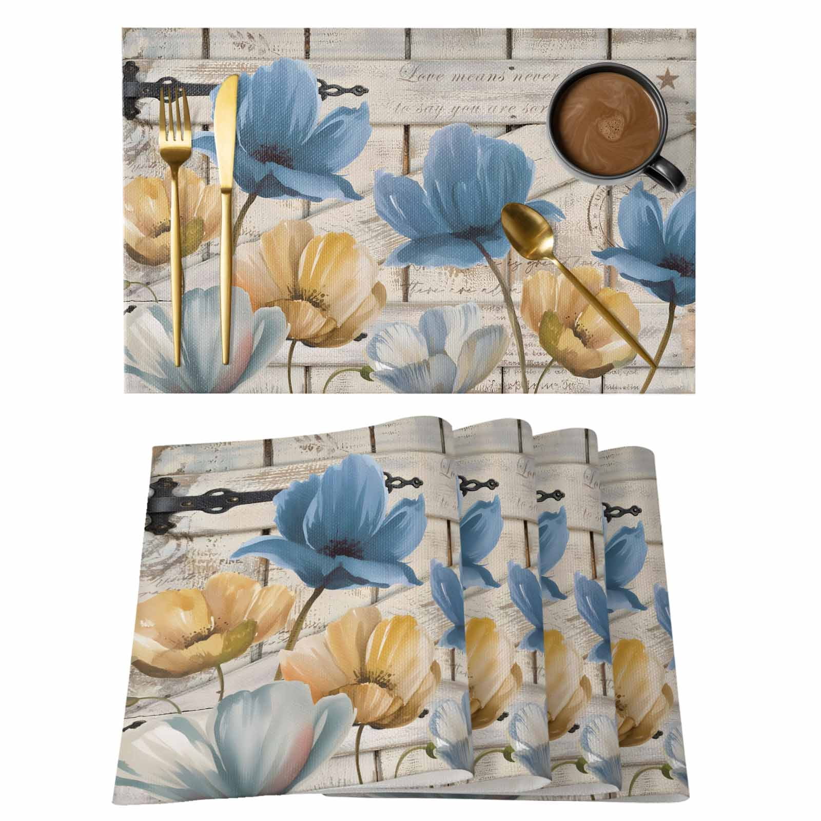 Blue Yellow Tulips Placemats Set of 6 Retro Farmhouse Flower Barn Doors ...