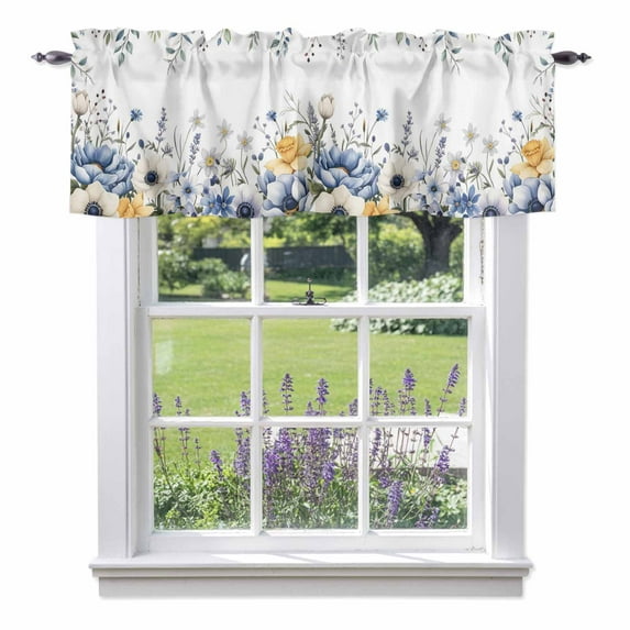 Blue Yellow Valances for Windows, Flowers Eucalyptus Leaves Farmhouse ...