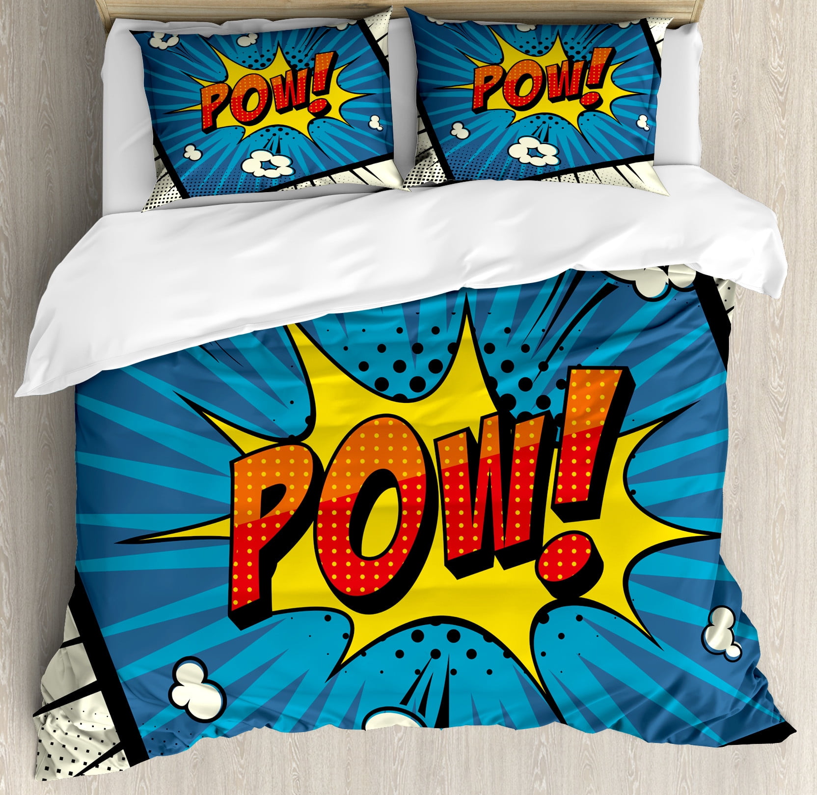 Blue Yellow Vintage Duvet Cover Set, Retro Fun Halftone Pow Lettering ...