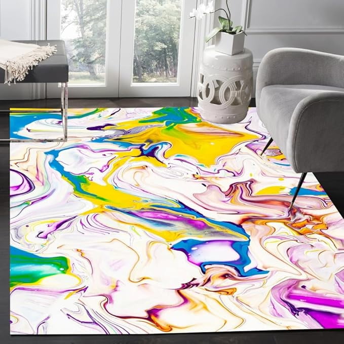 Blue Yellow Violet Modern Abstract Marble Texture Washable Rug Soft ...