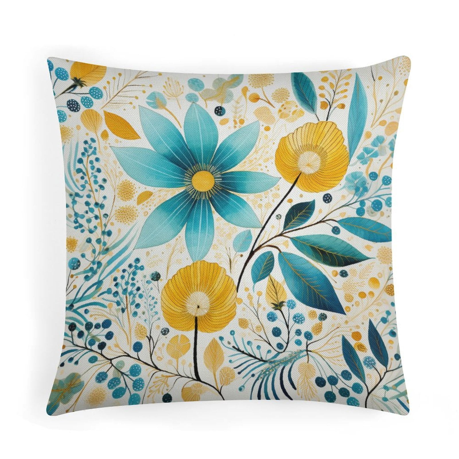 Blue Yellow Watercolor Floral Winter Design Pillow Case 16"x16" Simple ...