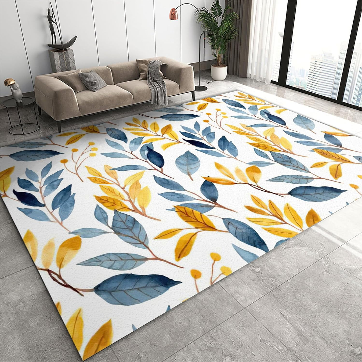 Blue Yellow Watercolor Plant Leaves Painting Area Rug, Blue Grass Leaf ...