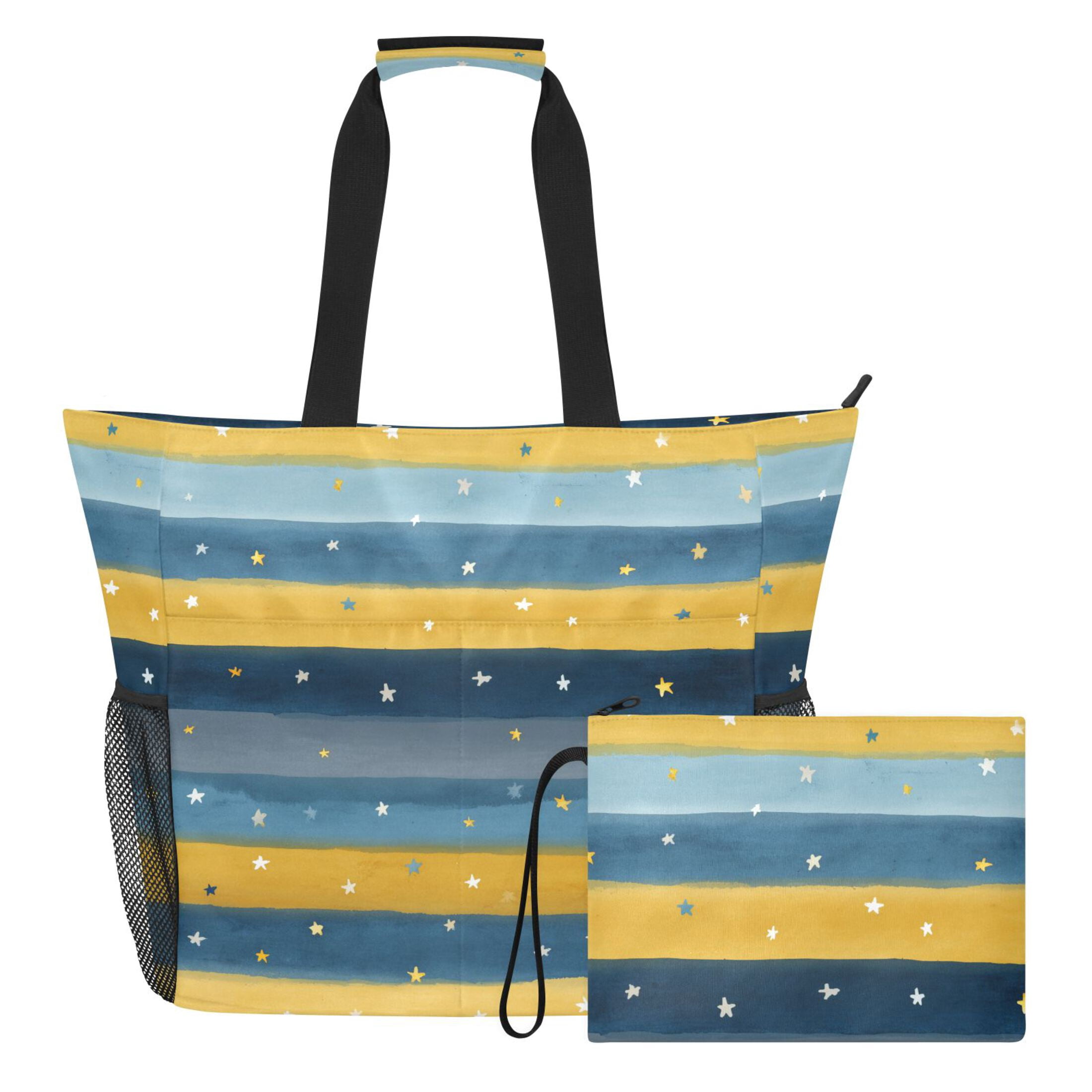 Blue Yellow Watercolor Stripes with Stars Beach Bag Travel Tote Bag ...
