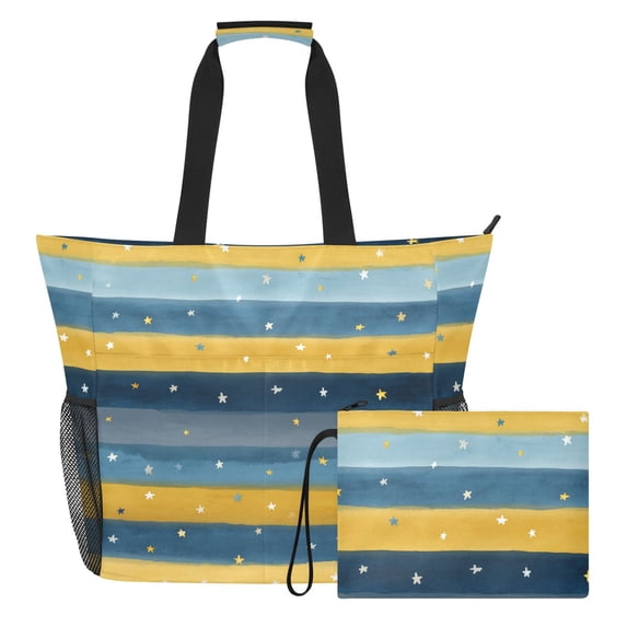Blue Yellow Watercolor Stripes with Stars Beach Bag Travel Tote Bag ...