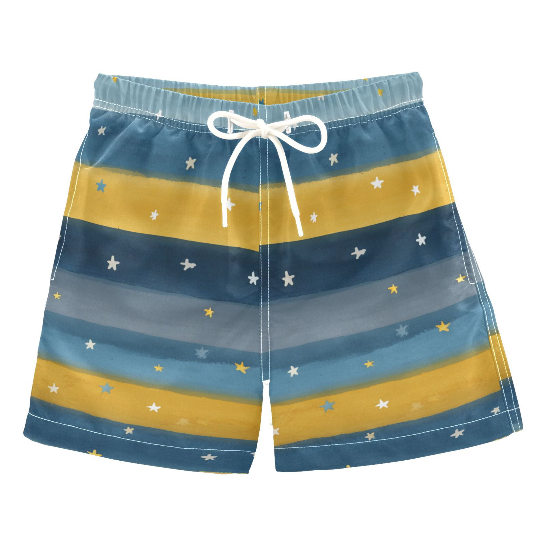 Blue Yellow Watercolor Stripes with Stars Swim Trunks Board Shorts ...