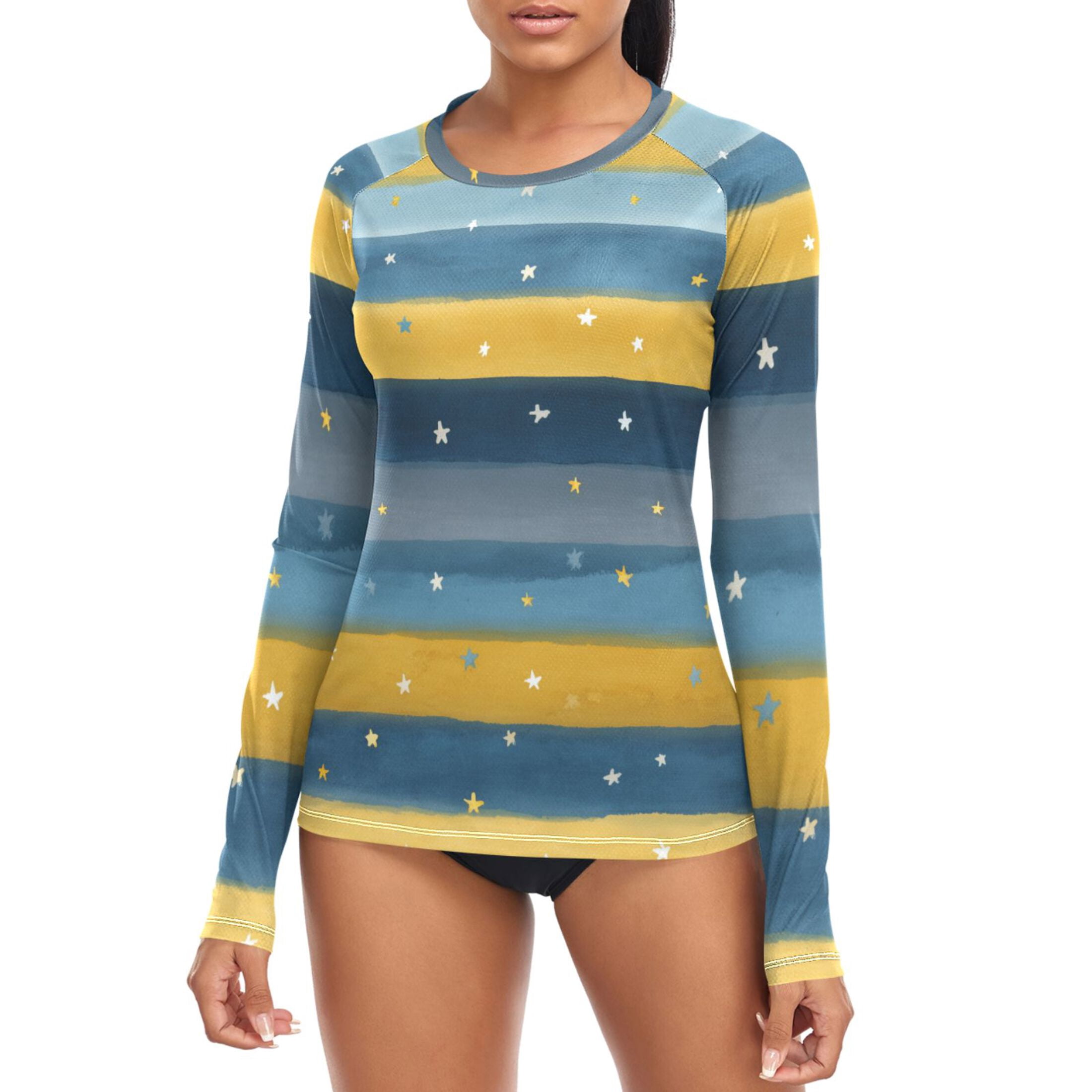 Blue Yellow Watercolor Stripes with Stars Women's Rash Guard Shirts UPF ...