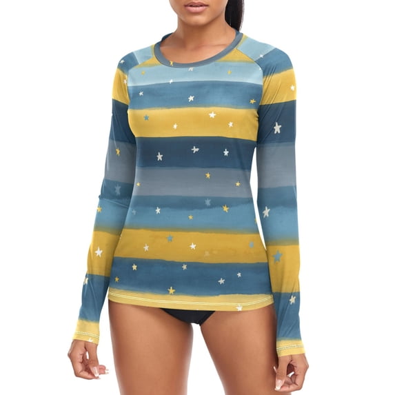 Blue Yellow Watercolor Stripes with Stars Women's Rash Guard Shirts UPF ...