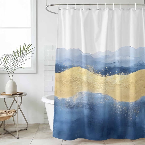 Blue Yellow Waterproof Fabric Shower Curtain, Modern Abstract Art Waves ...