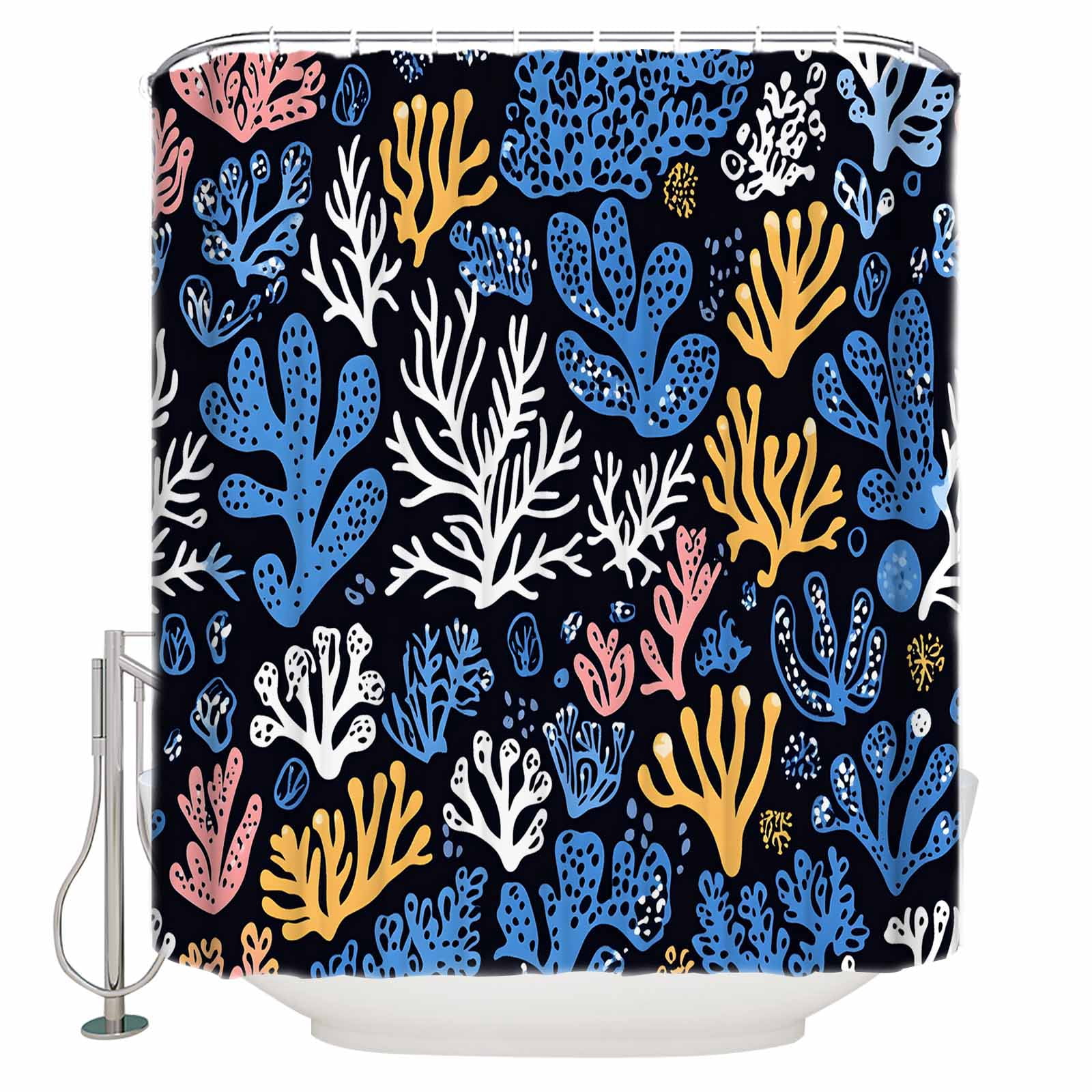 Blue Yellow White Coral Bathroom Shower Curtains with 12 Hooks ...