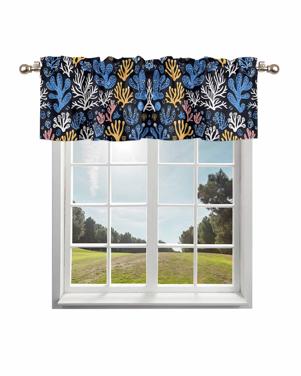 Blue Yellow White Coral Curtain Valance for Windows/Living Room/Kitchen ...