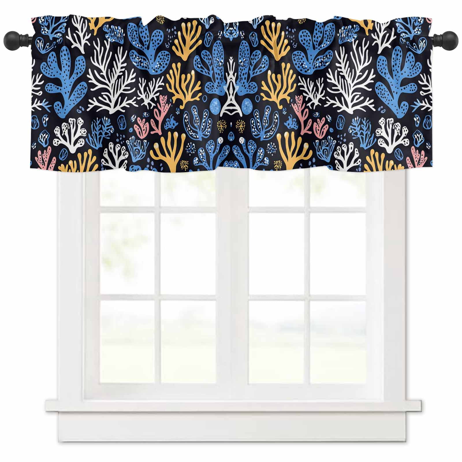 Blue Yellow White Coral Valances for Windows Farmhouse Kitchen Curtains ...