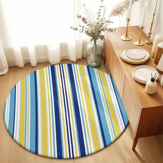 Blue Yellow White Stripe Texture Round Rug 3ft Abstract Art Geometric ...