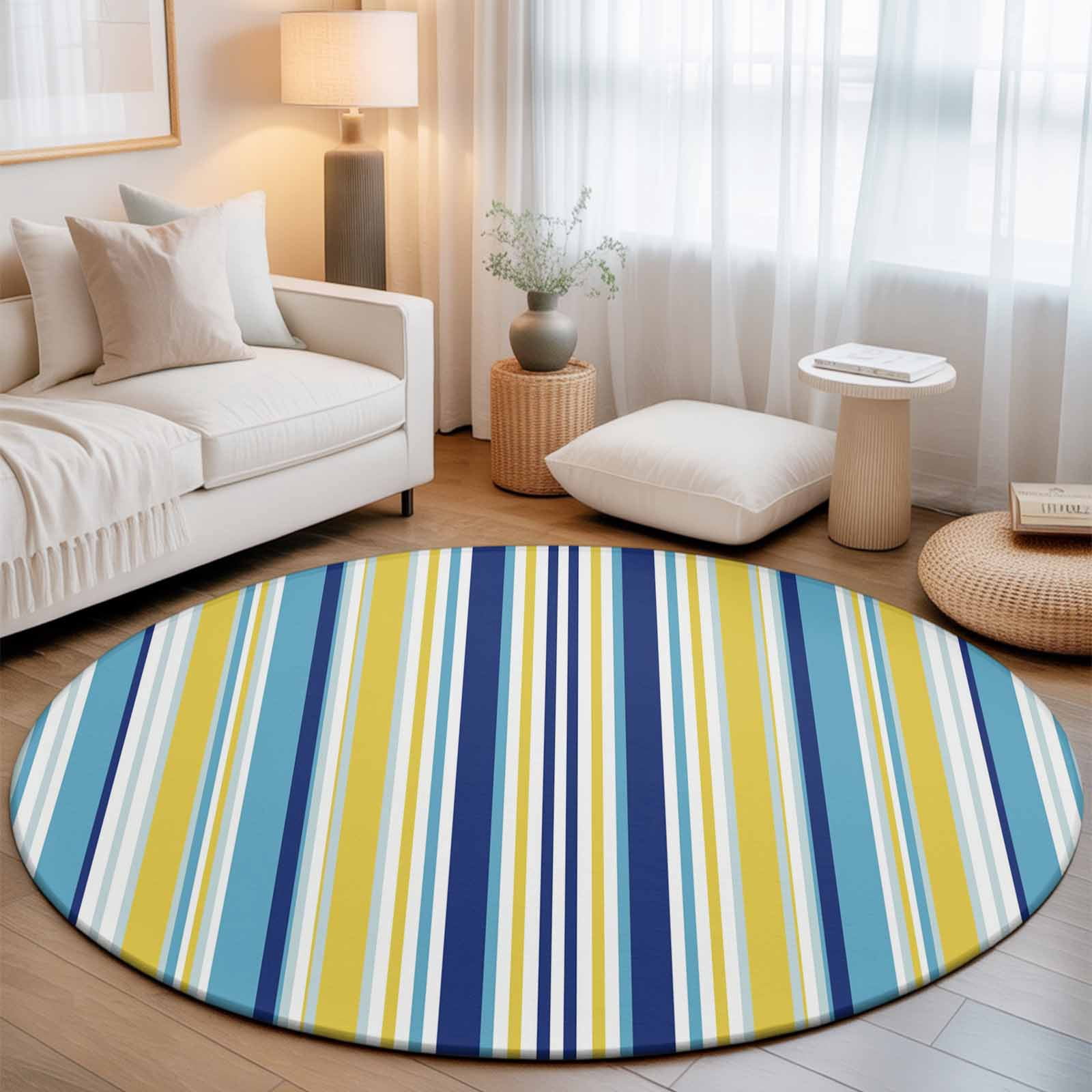 Blue Yellow White Stripe Texture Round Rug 5ft Abstract Art Geometric ...