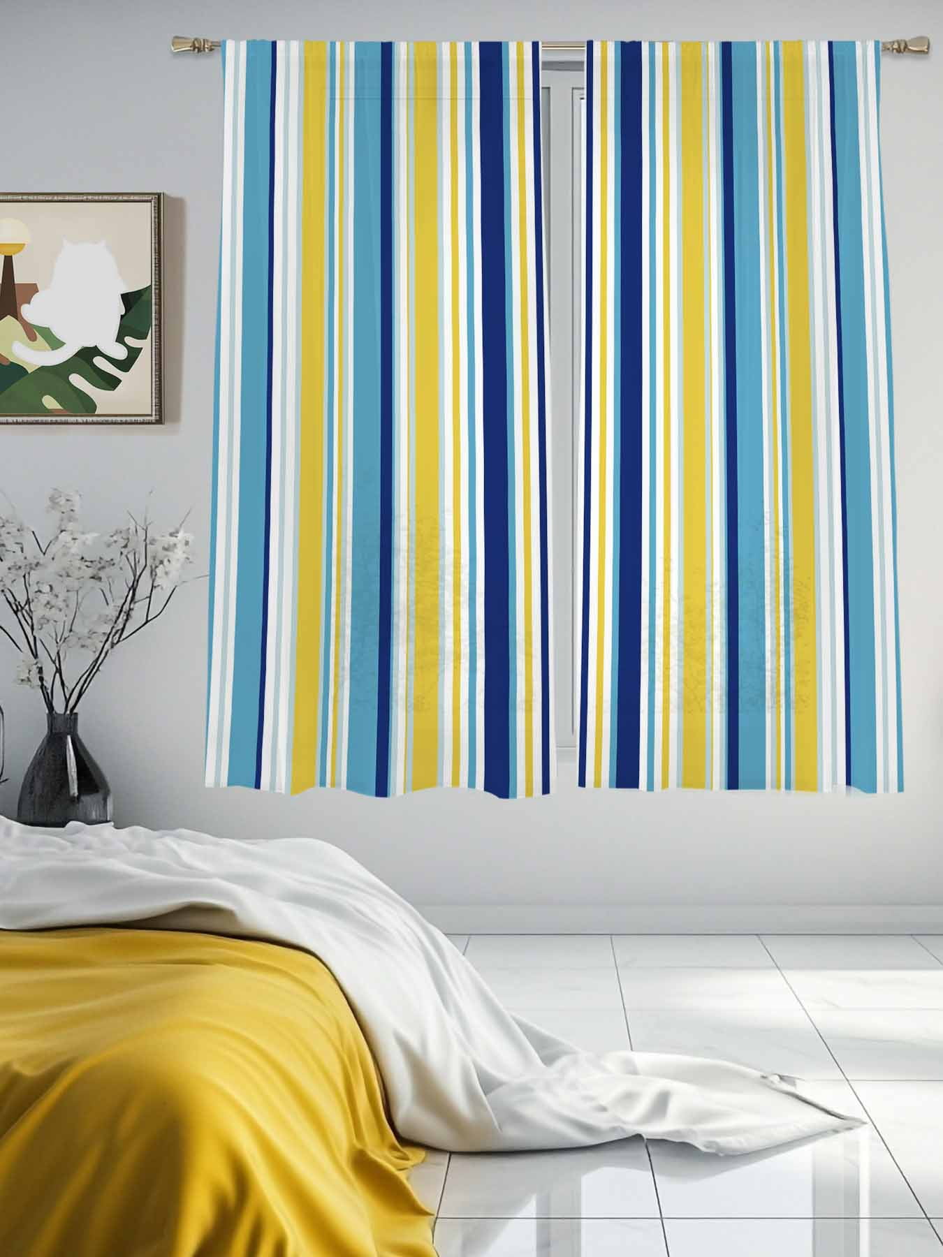 Blue Yellow White Stripe Texture Sheer Curtains 2 Panels Set Abstract ...