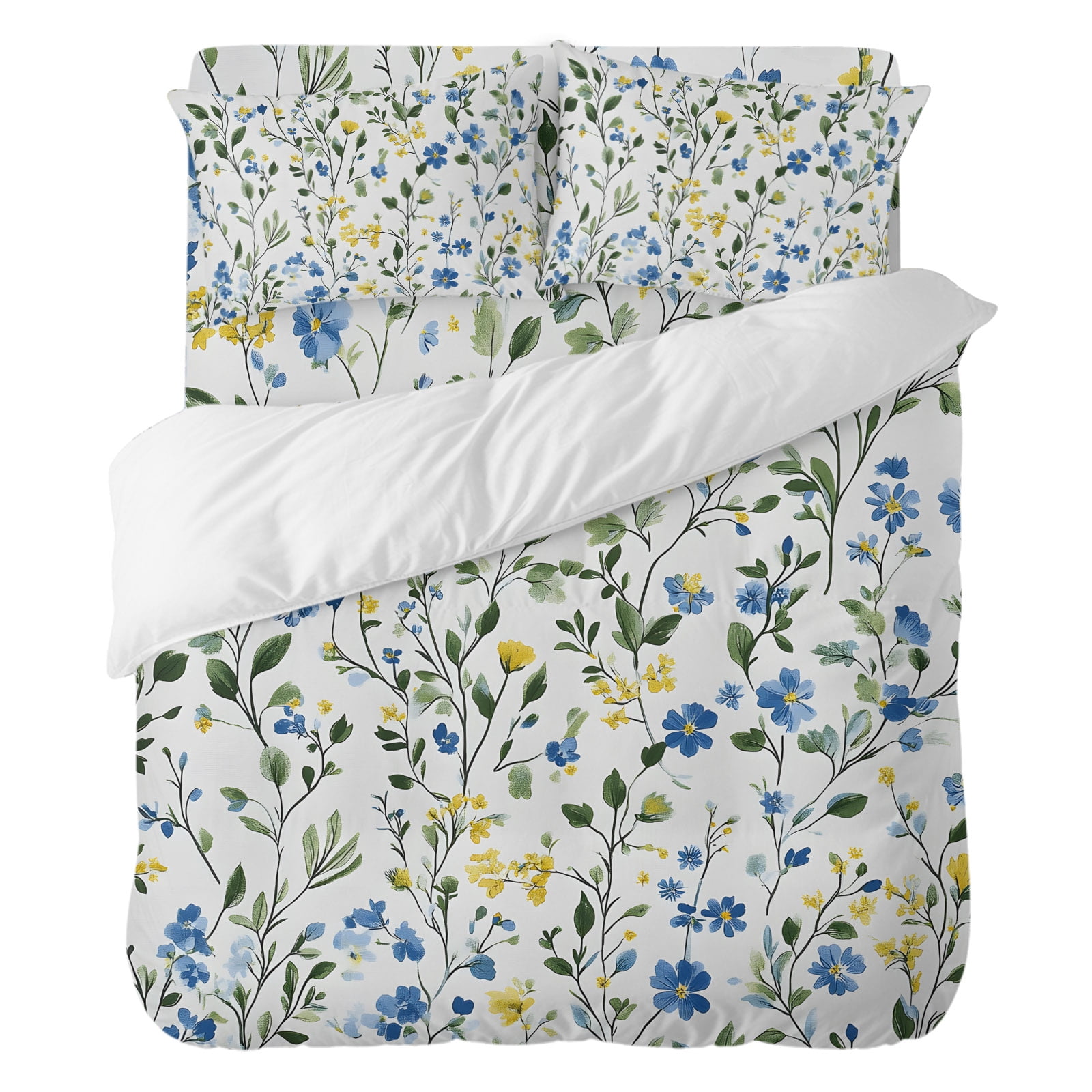 Blue Yellow Wildflower Comforter Set Full Size, Spring Florals Leaf ...