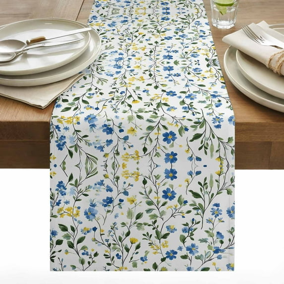 Blue Yellow Wildflower Cotton Linen Table Runner Spring Flowers Leaf ...