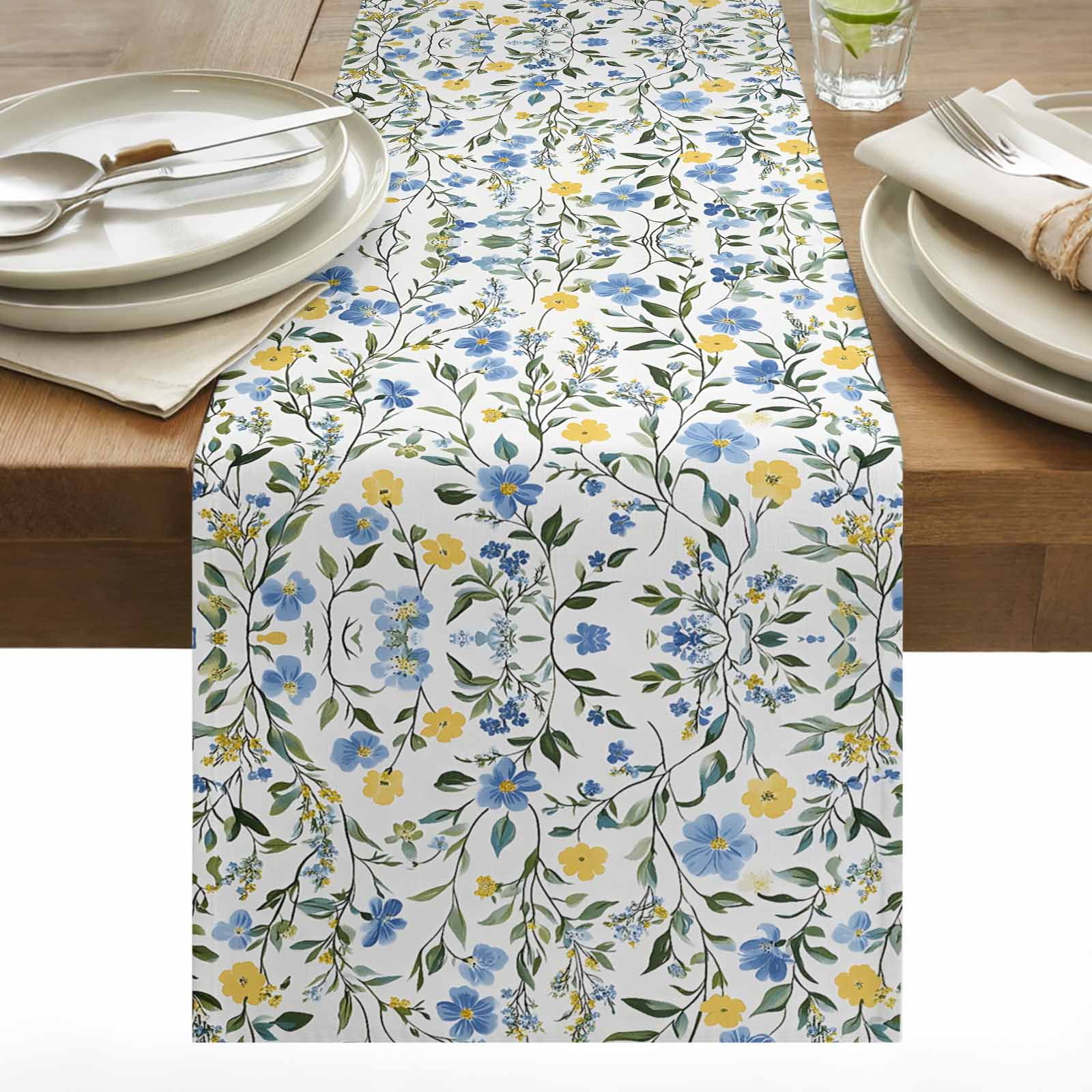 Blue Yellow Wildflower Cotton Linen Table Runner Spring Plant Dining ...