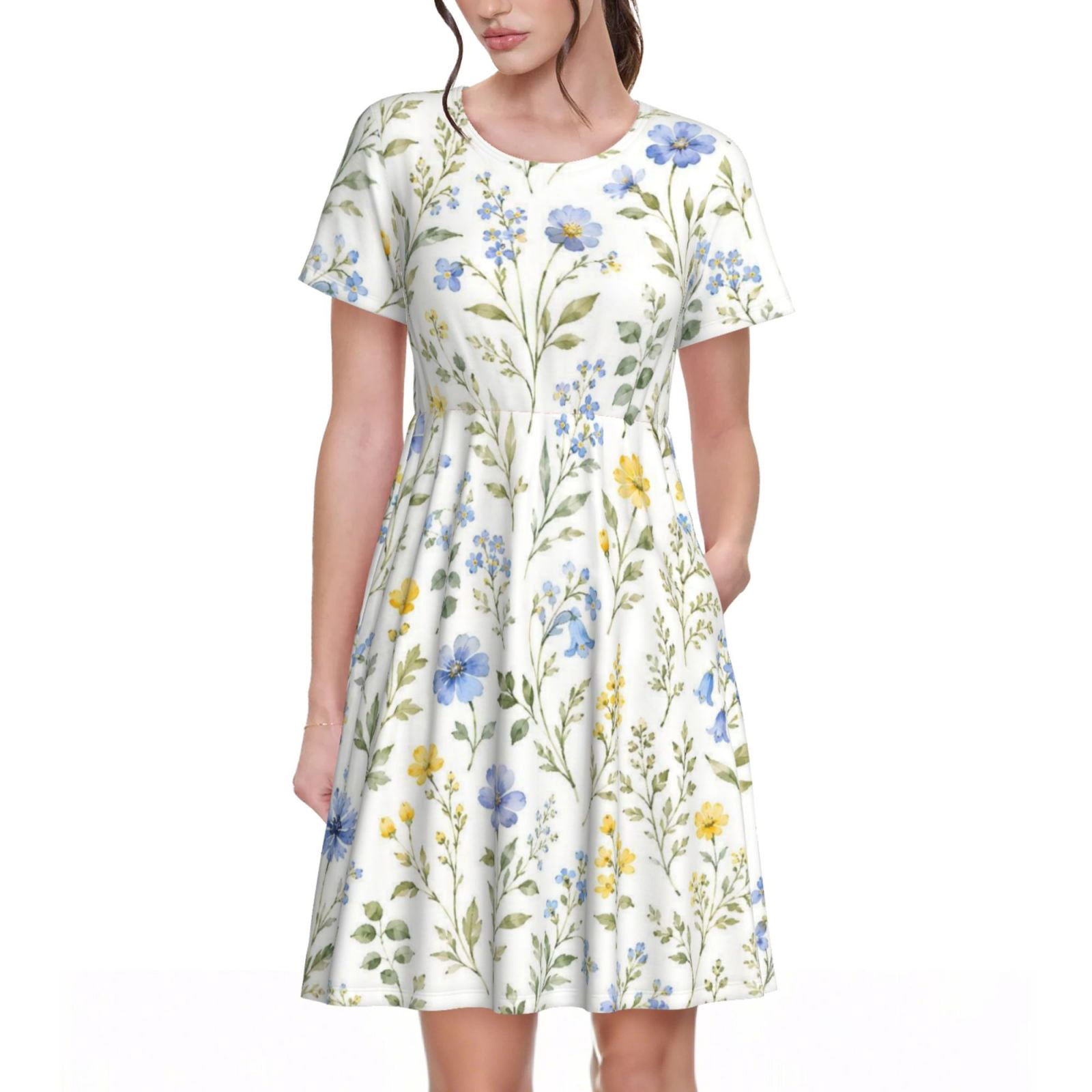 Blue Yellow Wildflower Dresses Short Sleeve Nightdresses for Women ...