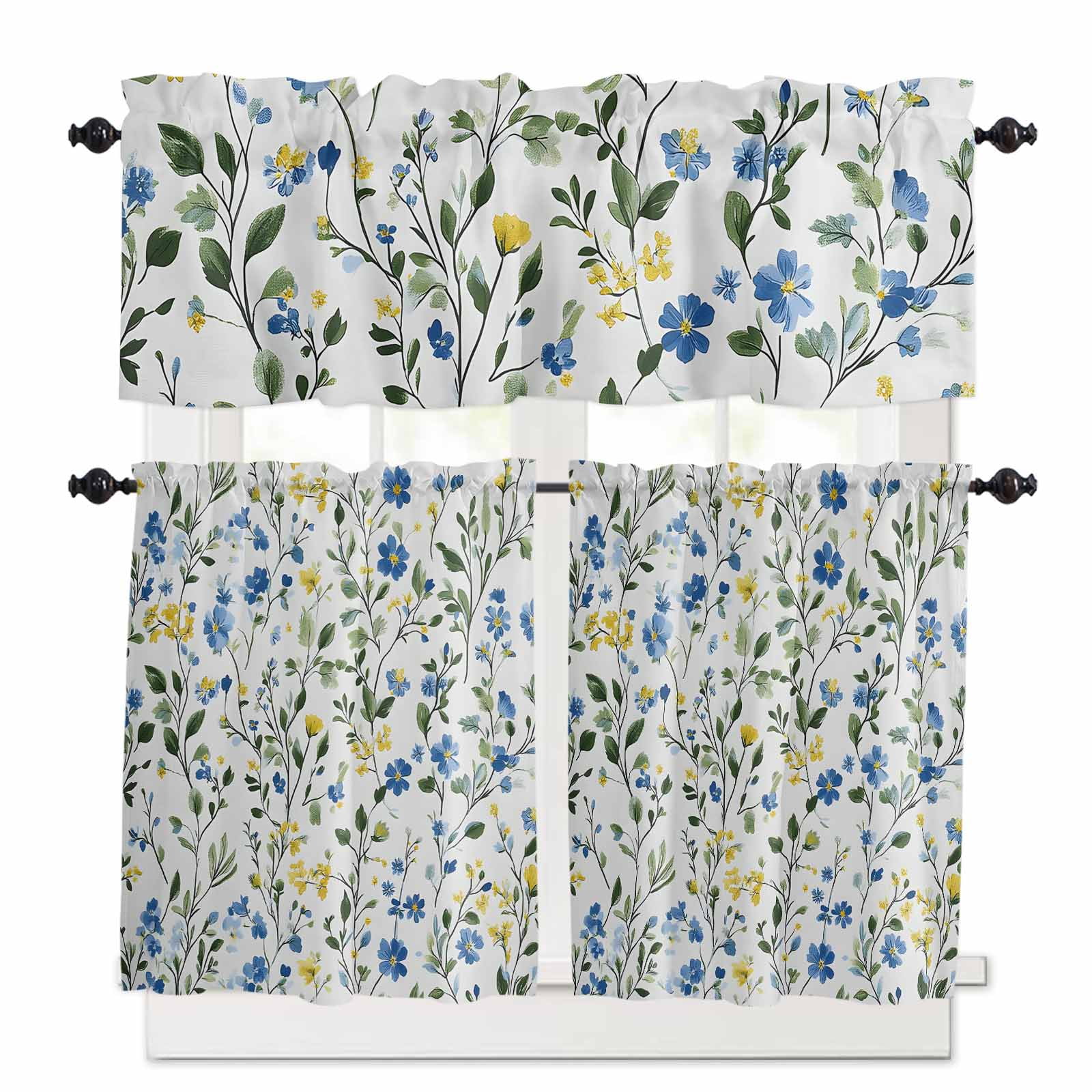 Blue Yellow Wildflower Kitchen Curtains Valances and Tiers Set of 3 ...