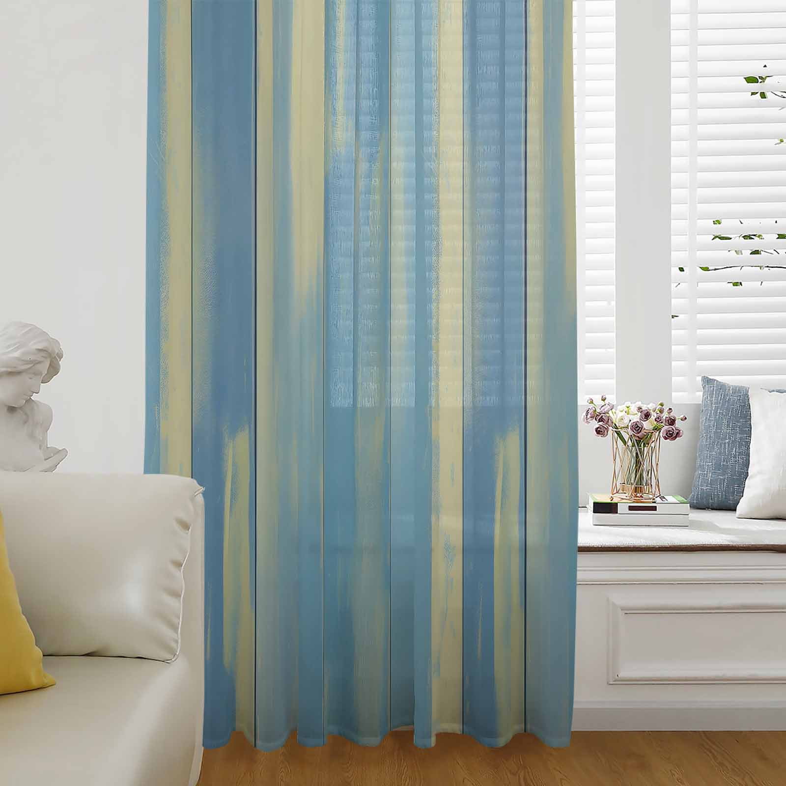 Blue Yellow Window Curtain 45 Inches Long,Rustic Farmhouse Wood Grain ...
