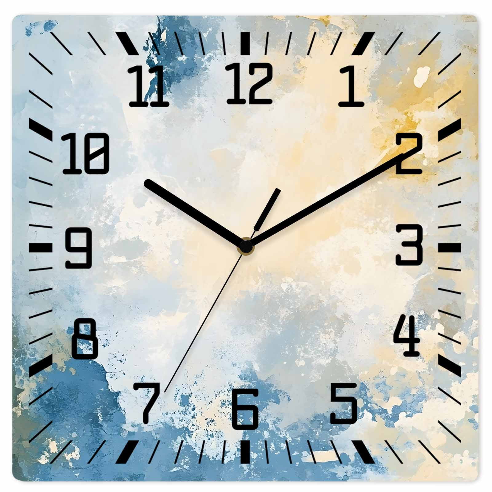 Blue Yellow Wooden Wall Clock Silent Non Ticking, Modern Vintage Oil ...
