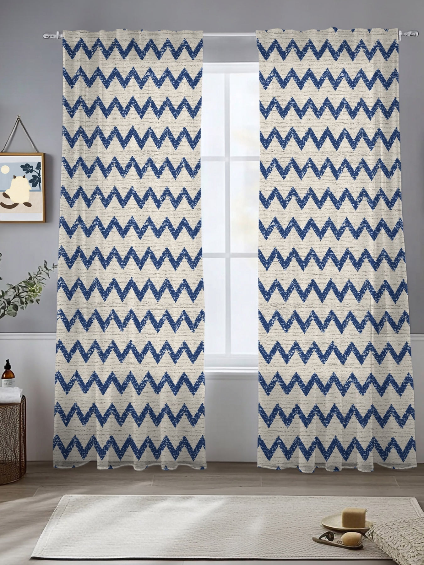 Blue Zigzag Line Chiffon Sheer Curtains 84 Inches Long Repeating Wave ...