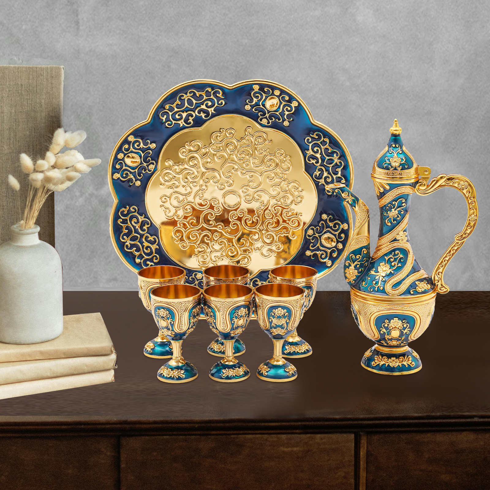 Blue Zinc Alloy 26×26×10.5cm Twill Tea Set a Pot Of Six Cups Vintage ...