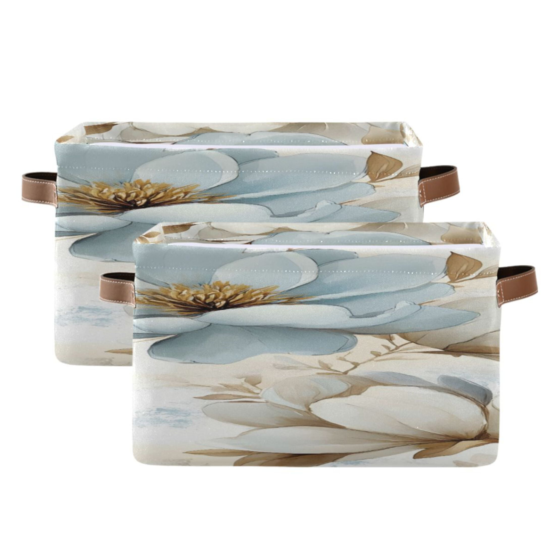 Blue and Beige Magnolias Square Storage Bins with Handles Collapsible ...
