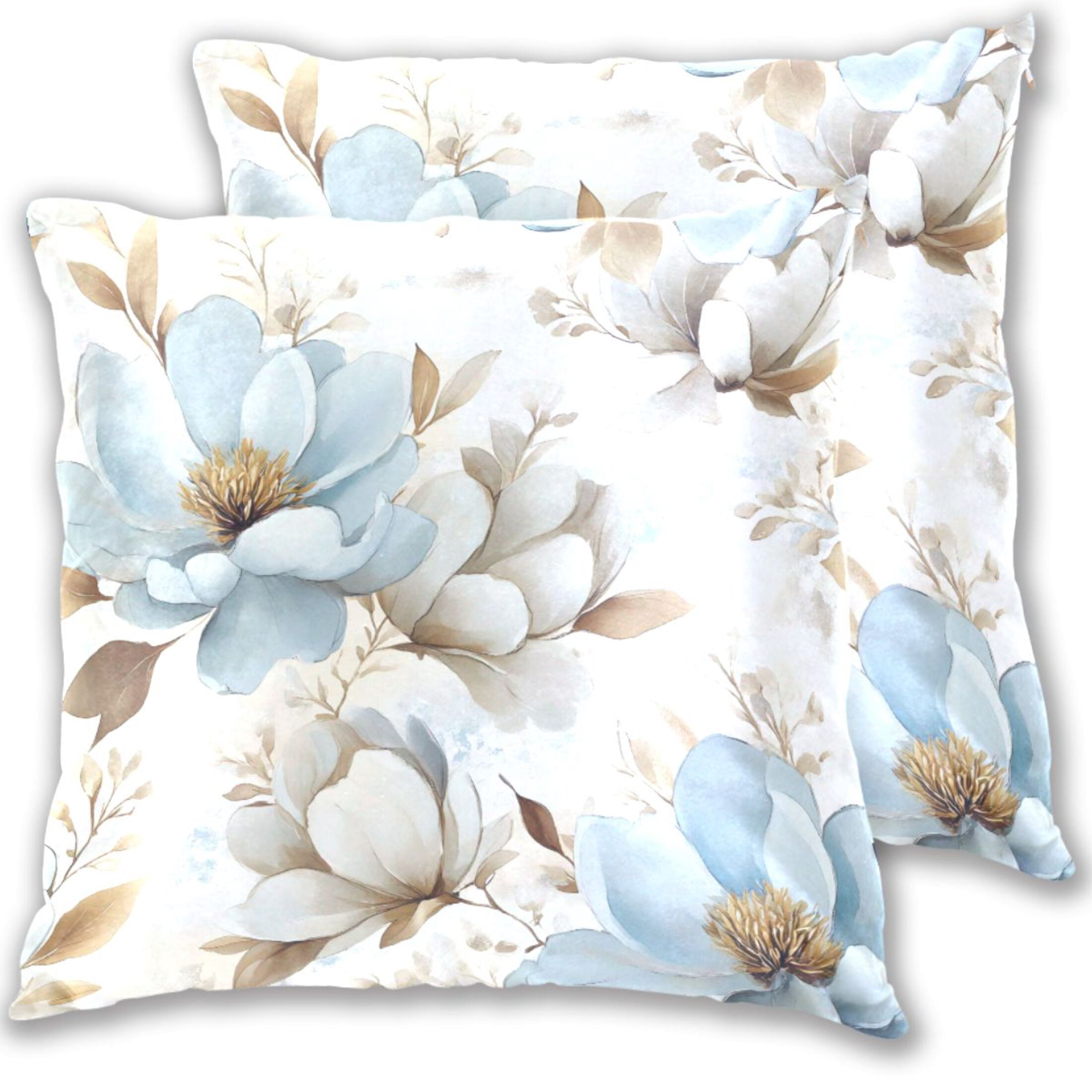 Blue and Beige Magnolias Throw Pillow Covers 16x16 Inch 2 Packs ...