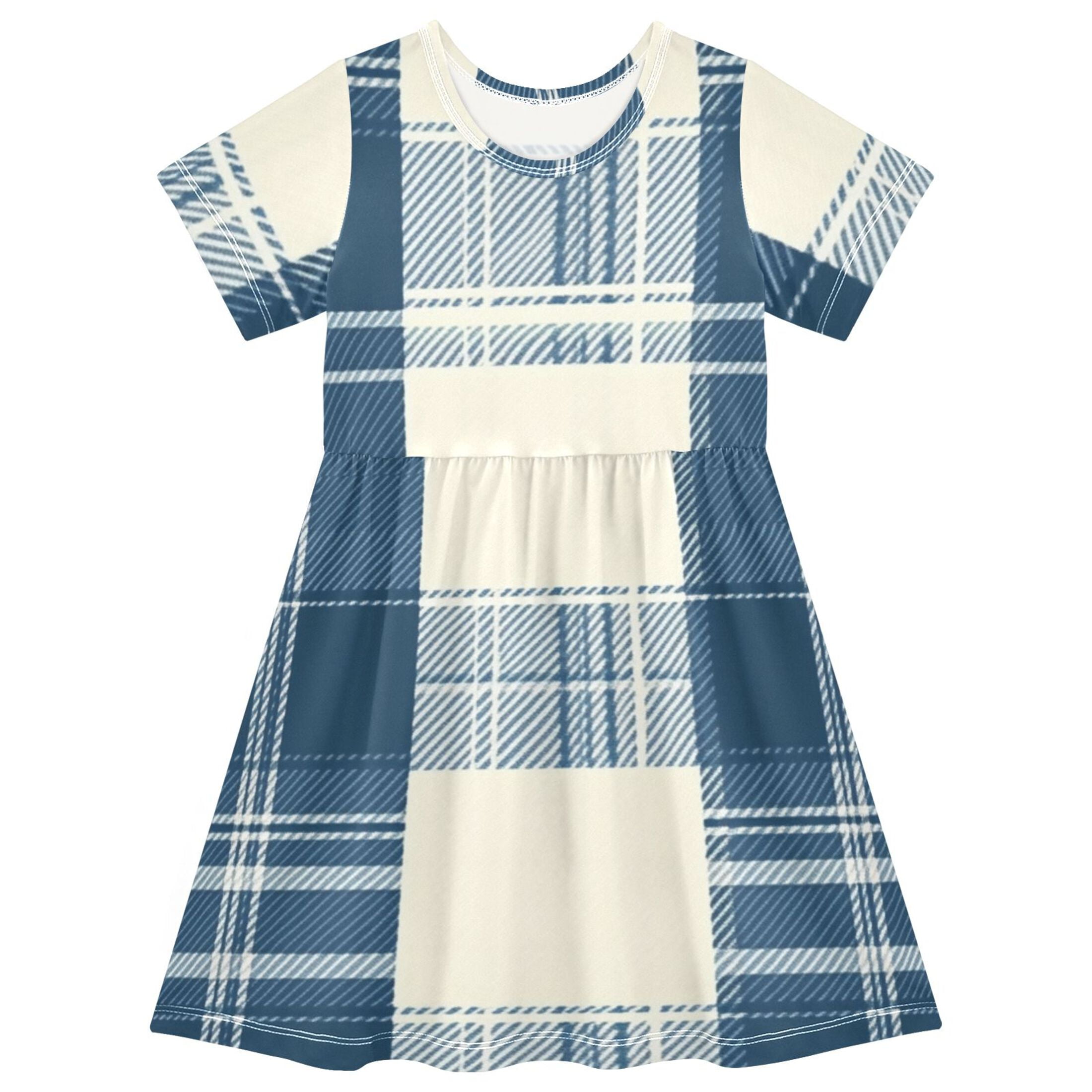 Blue and Beige Wide Plaids Girls' Short Sleeve Dress A-Line One-Piece ...