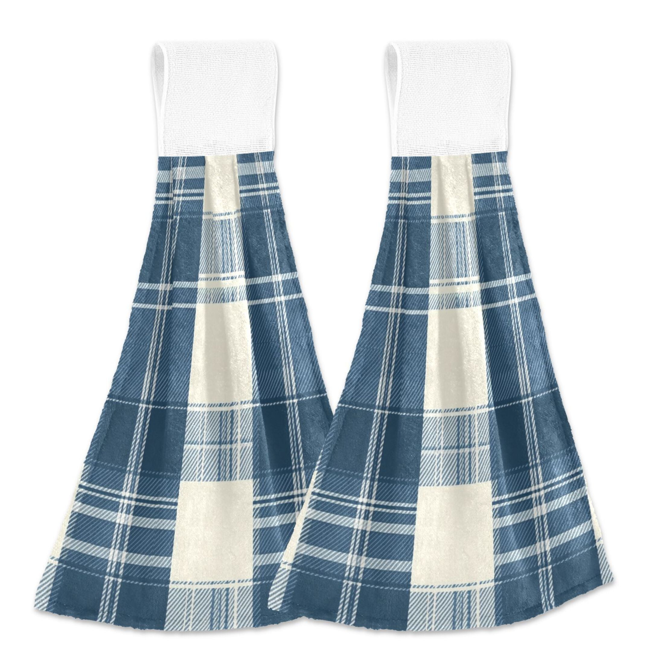Blue and Beige Wide Plaids Hanging Towels with Loop Hand Towels Nylon ...