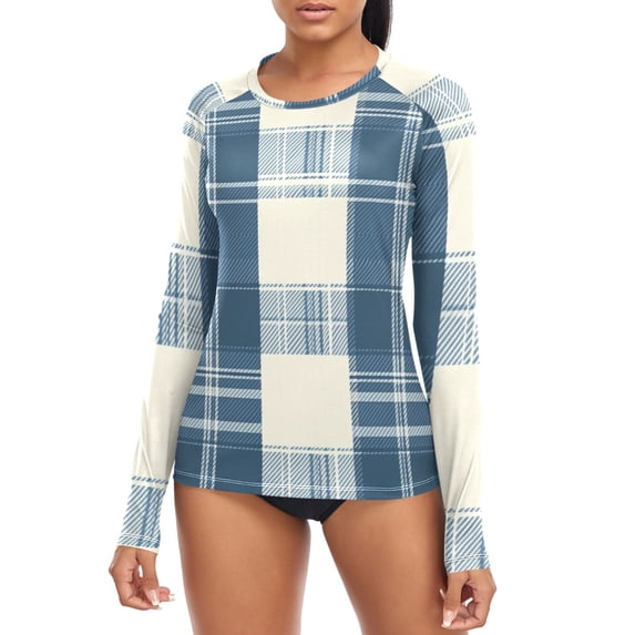 Blue and Beige Wide Plaids Women's Rash Guard Shirts UPF 50+ Sun ...