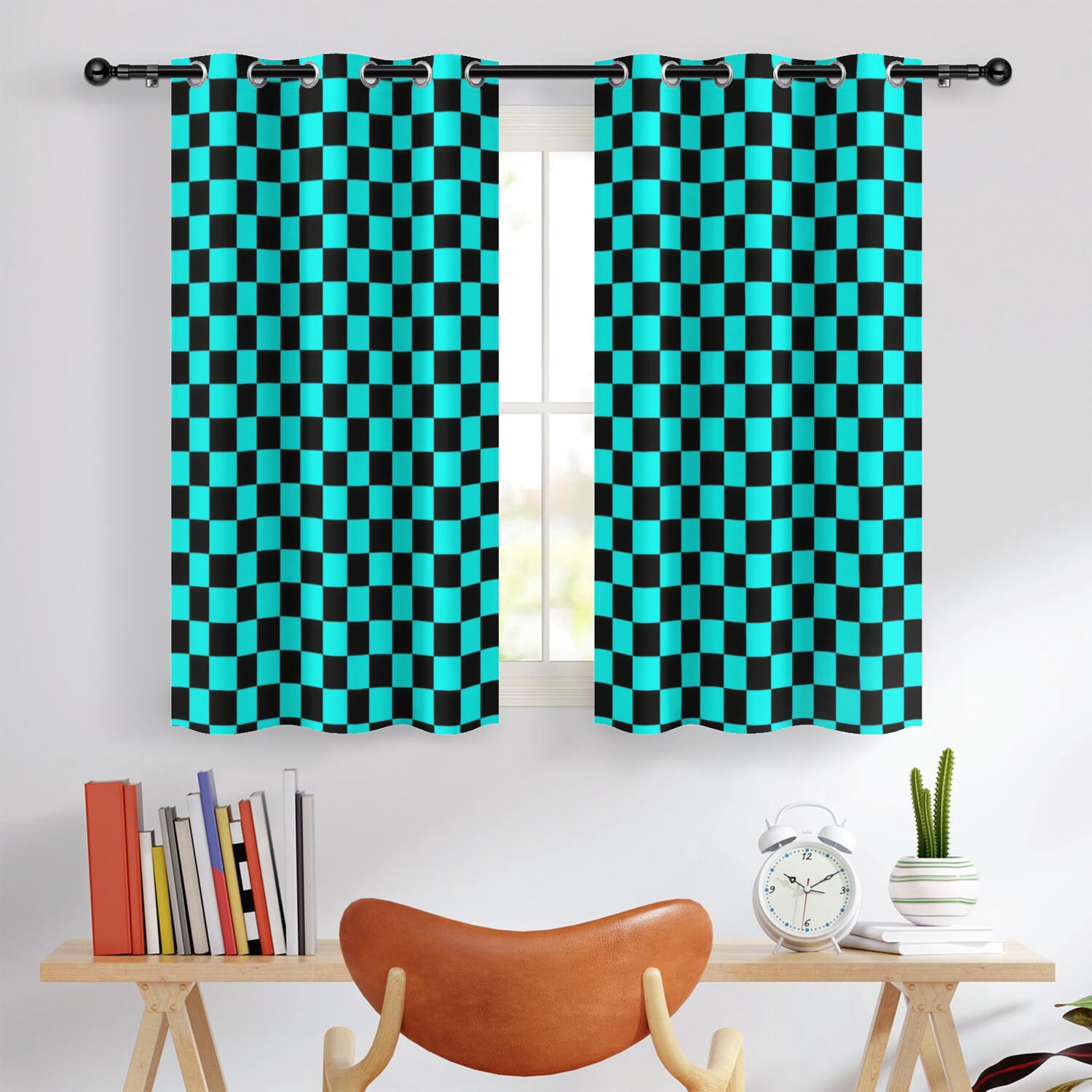 Blue and Black Checkered Pattern Blackout Curtains,Triple Weaved Fabric ...