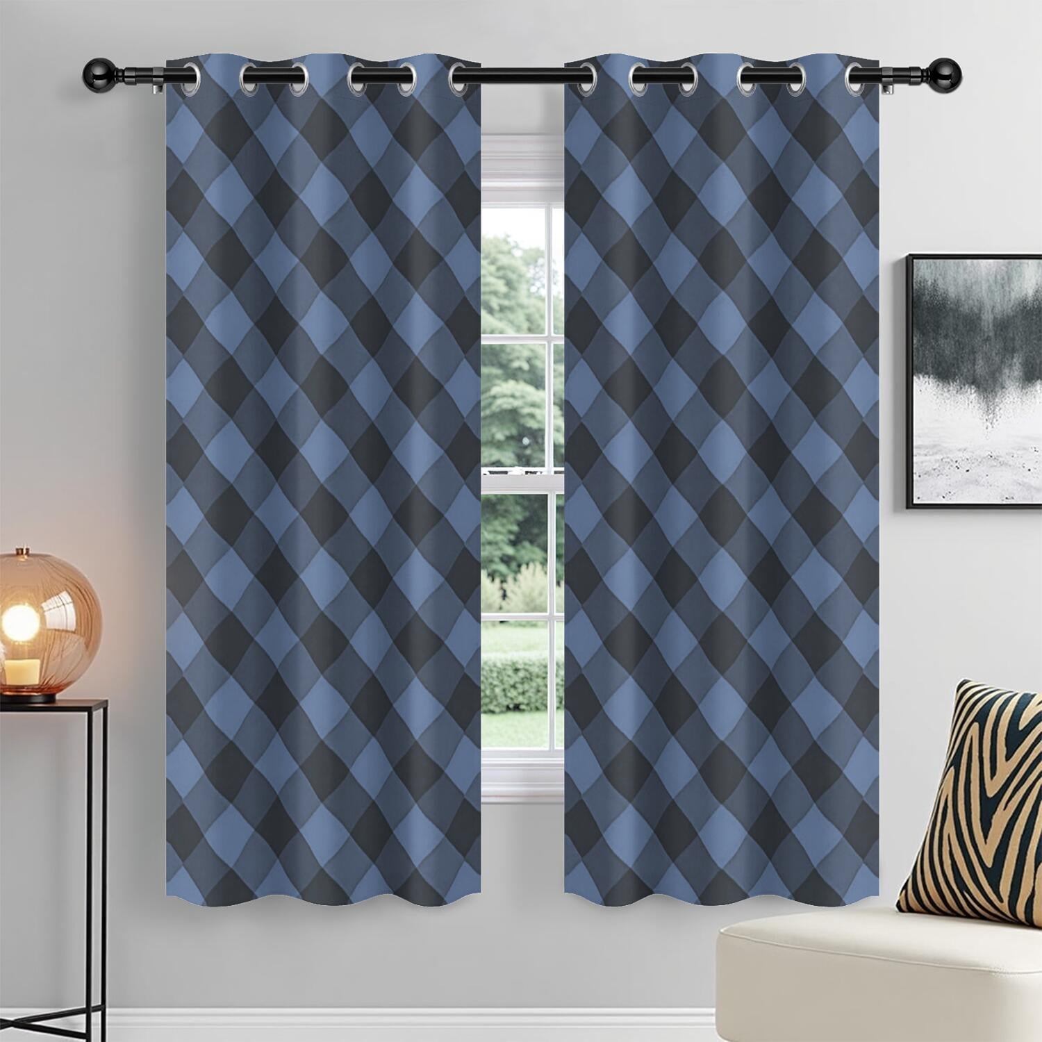 Blue and Black Checkered Pattern Blackout Curtains,Triple Weaved Fabric ...