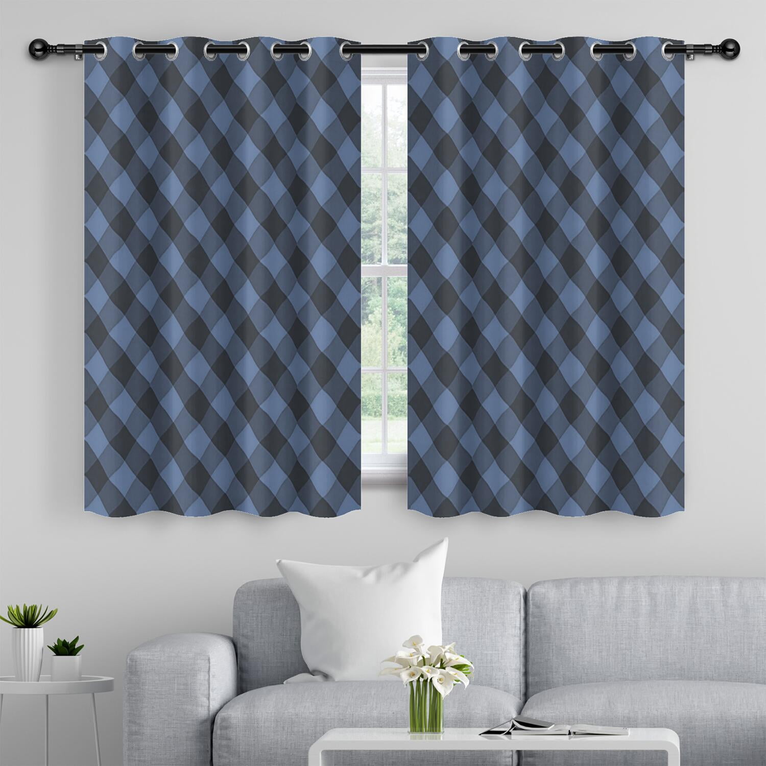 Blue and Black Checkered Pattern Blackout Curtains,Triple Weaved Fabric ...