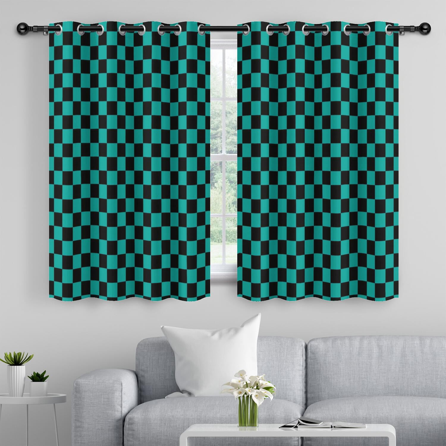 Blue and Black Checkered Pattern Blackout Curtains,Triple Weaved Fabric ...