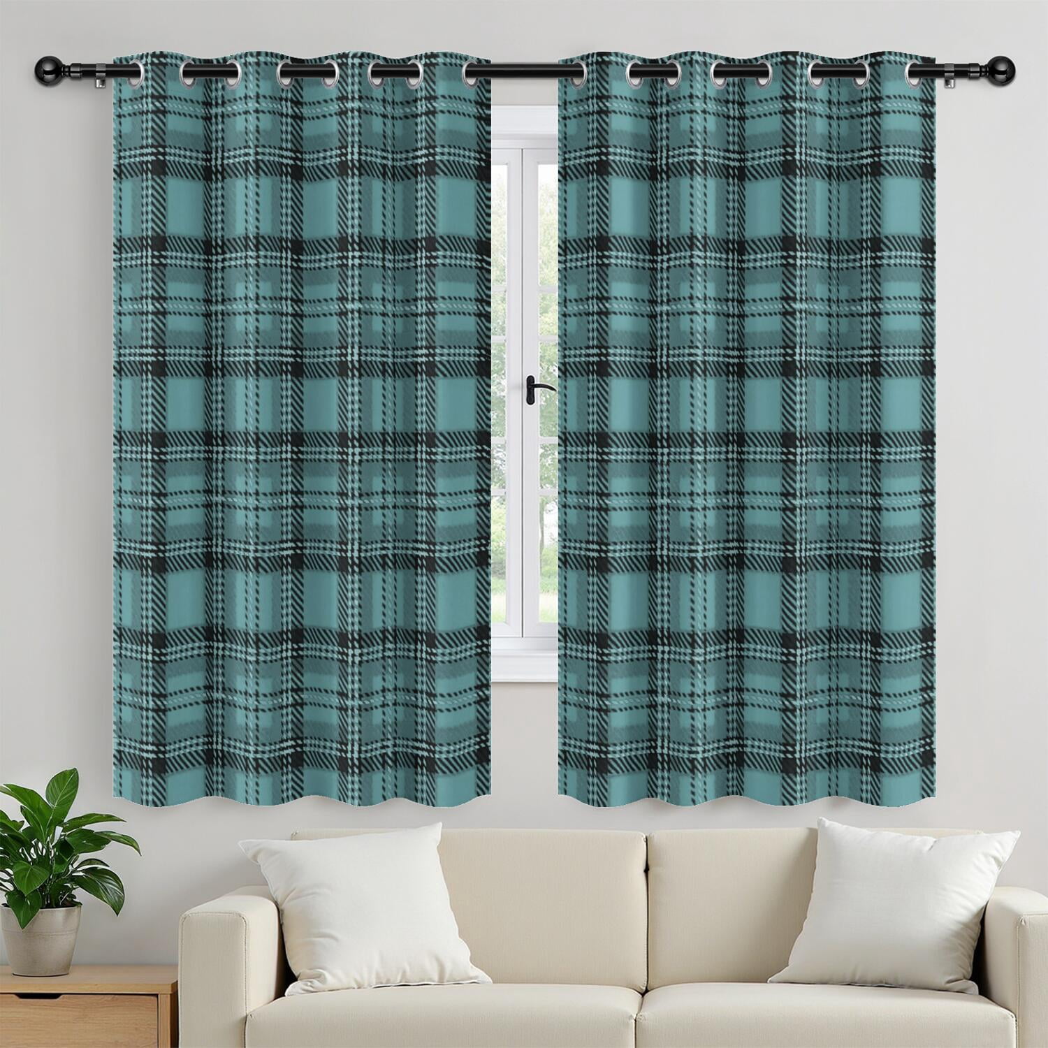 Blue and Black Checkered Pattern Blackout Curtains,Triple Weaved Fabric ...