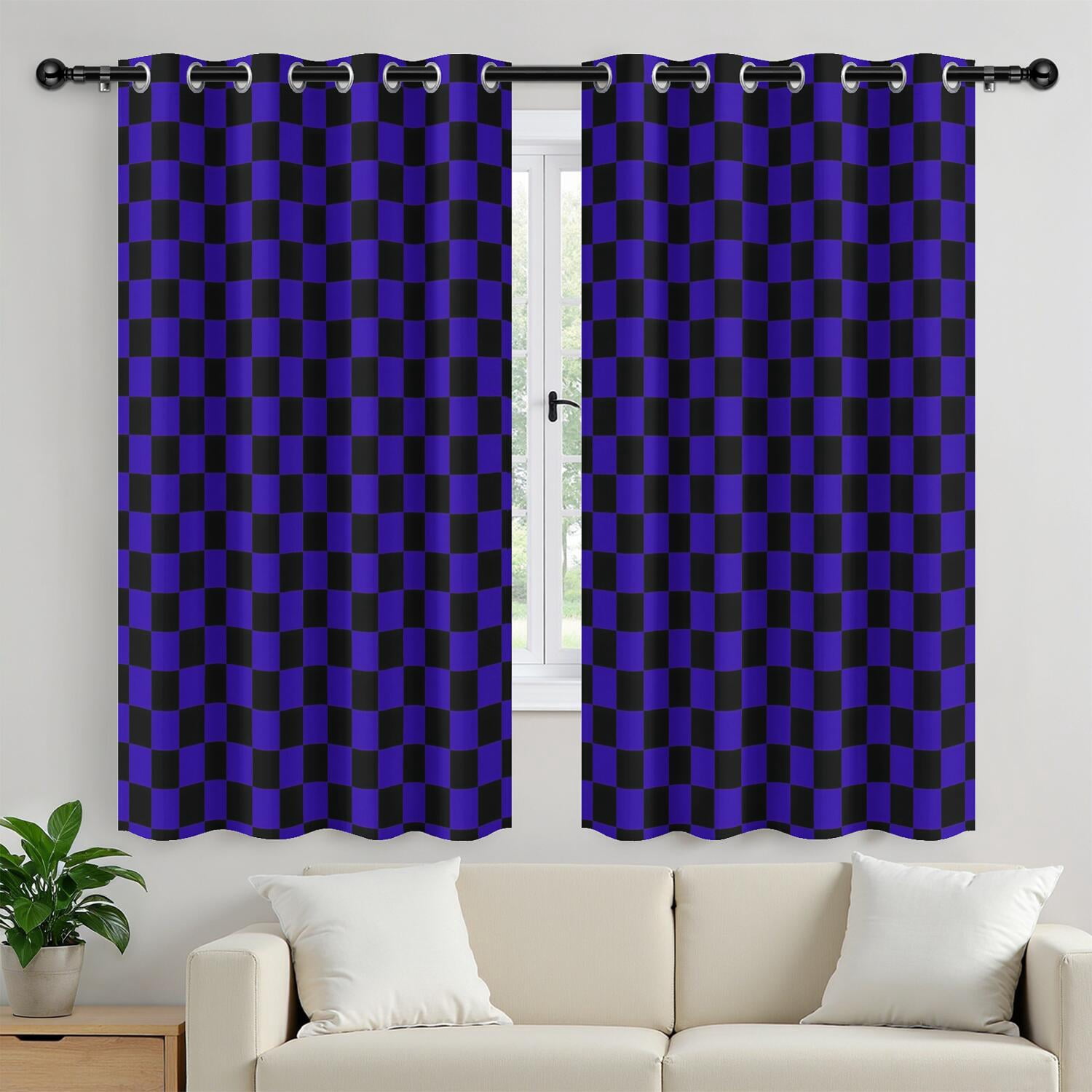 Blue and Black Checkered Pattern Blackout Curtains,Triple Weaved Fabric ...