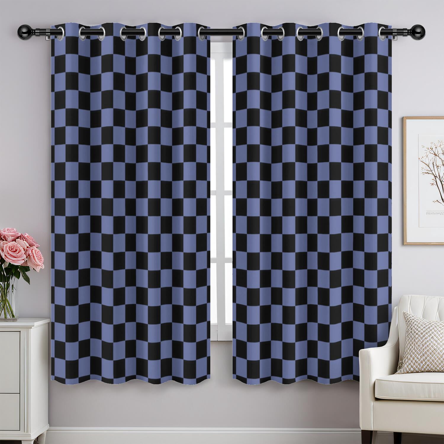Blue and Black Checkered Pattern Blackout Curtains,Triple Weaved Fabric ...