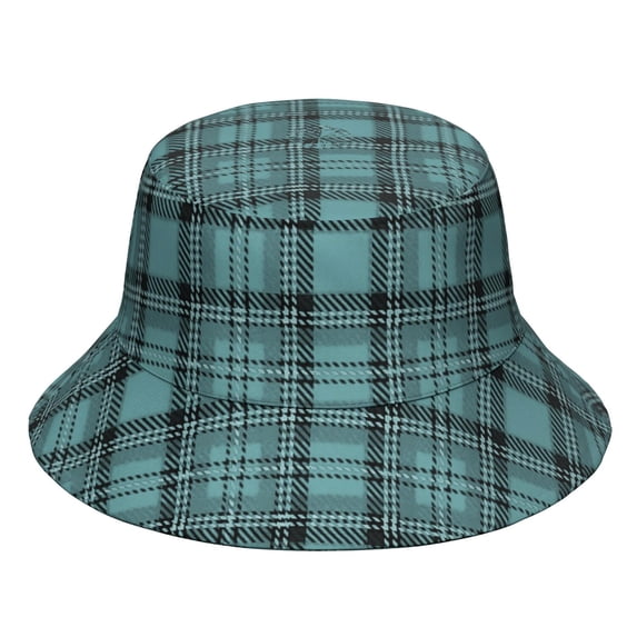 Blue and Black Checkered Pattern Bucket Hat, Outdoor Sun Hat with Wide ...