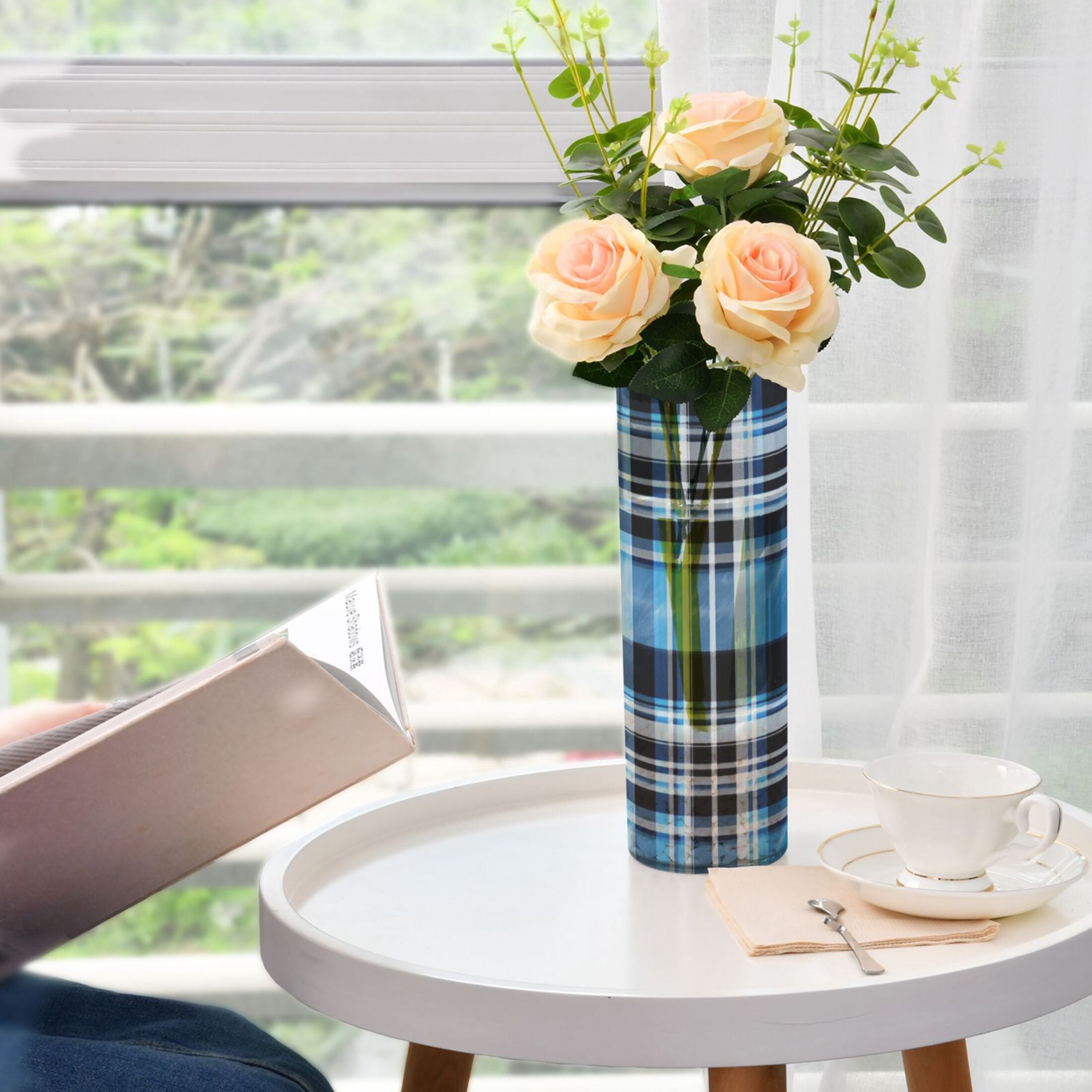 Blue and Black Plaid Flower Vase 11.8x3.9 inch Vases Clear Non ...