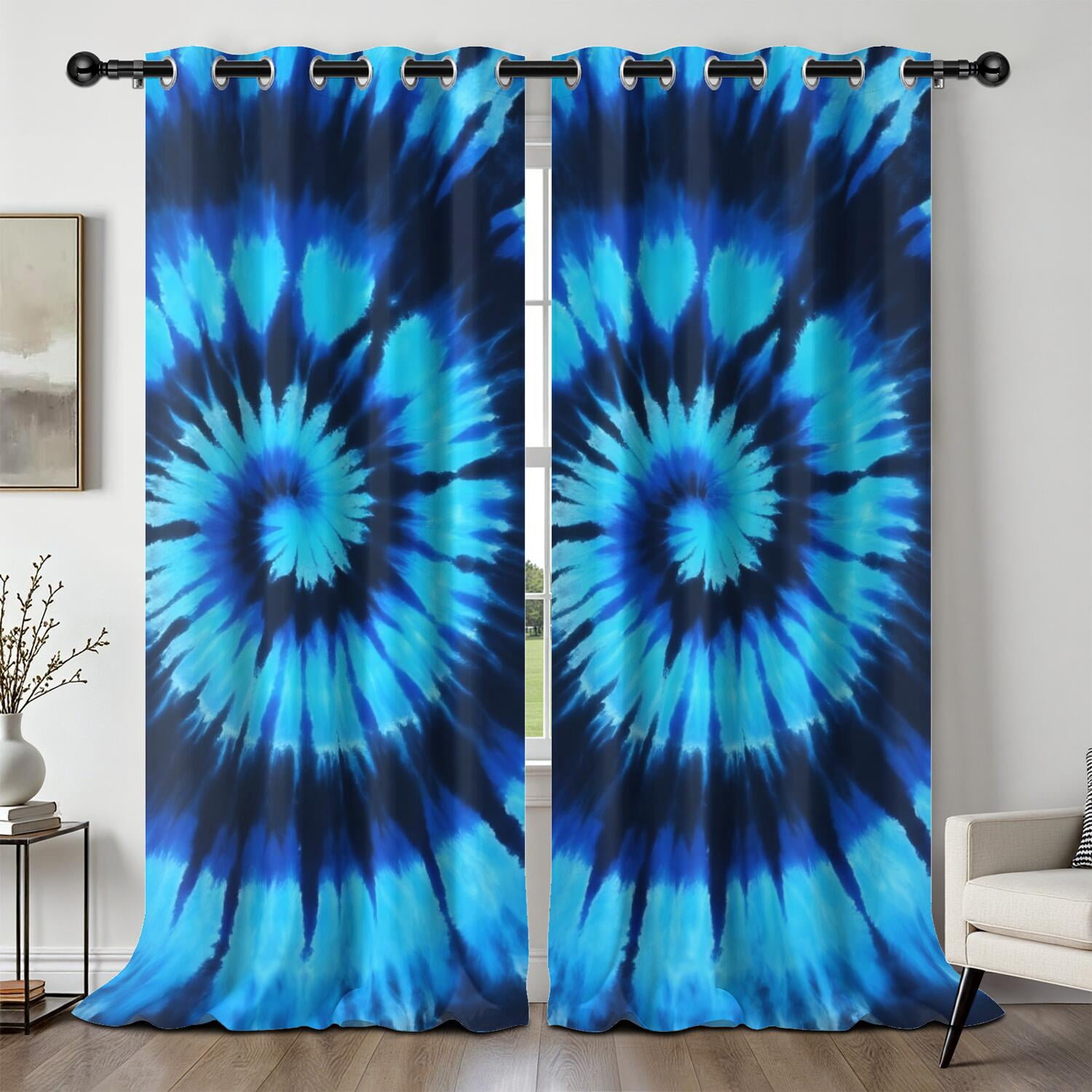 Blue and Black Tie Dye Pattern Blackout Curtains,Triple Weaved Fabric ...