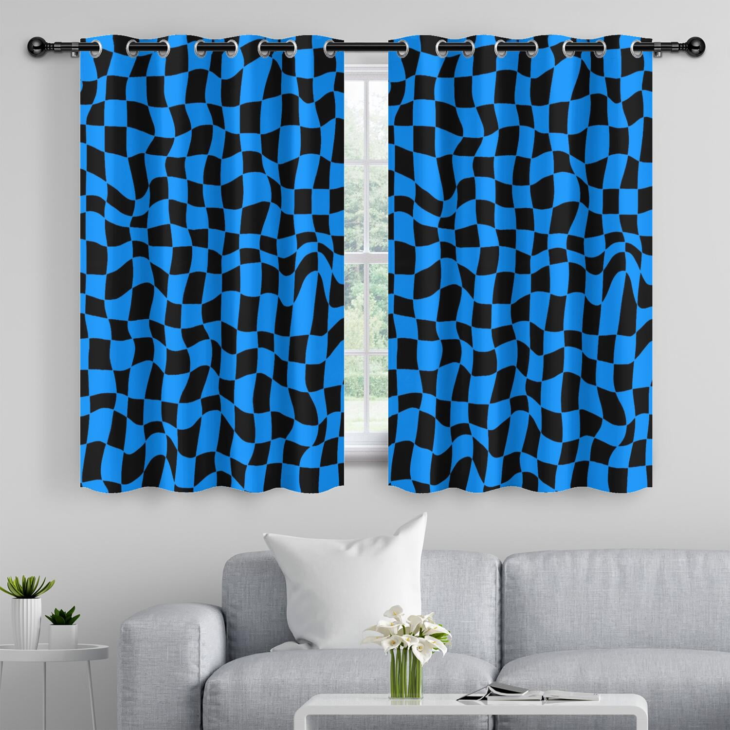 Blue and Black Wavy Checkered Pattern Blackout Curtains,Triple Weaved ...